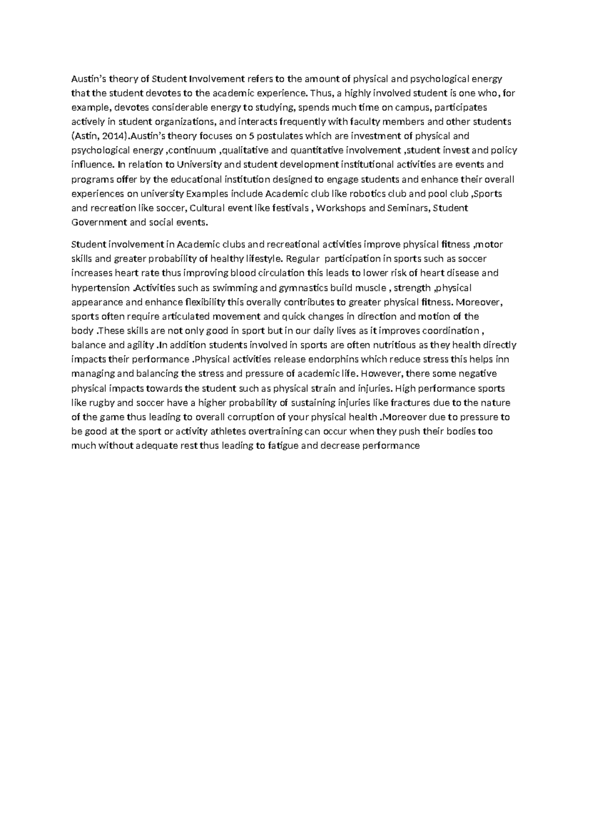 Austin s theory - Austin’s theory of Student Involvement refers to the ...