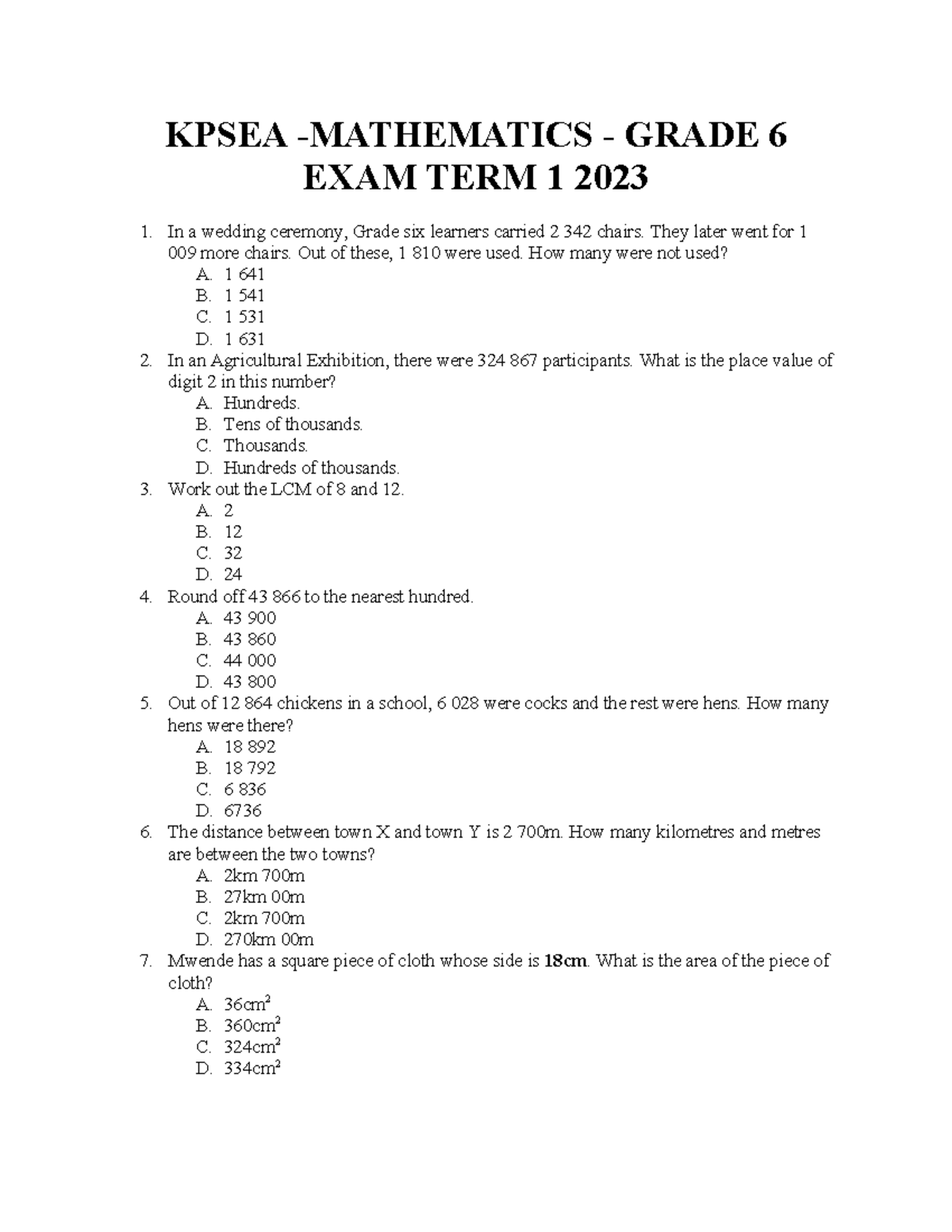 Kpsea- Maths - Revisional - KPSEA -MATHEMATICS - GRADE 6 EXAM TERM 1 ...