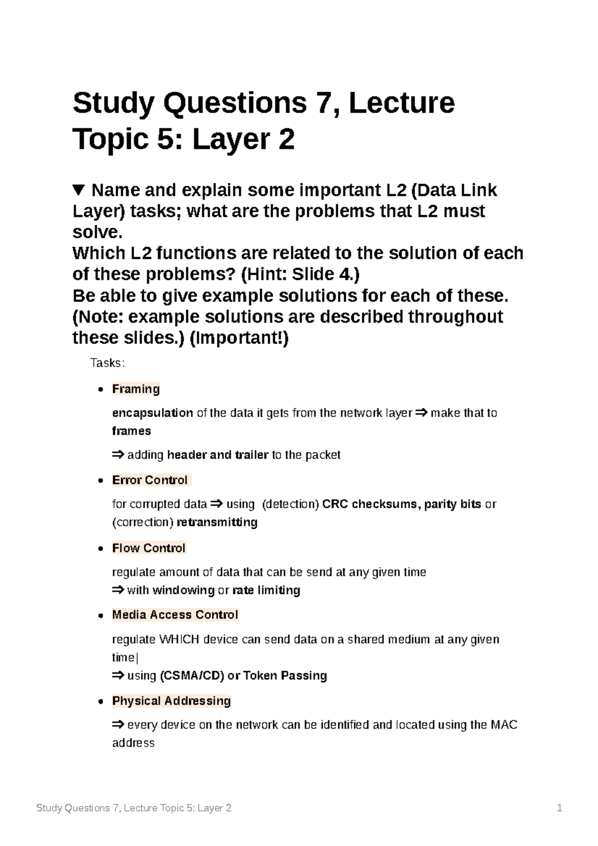 Study Questions 7 Lecture Topic 5 Layer 2 - Study Questions 7, Lecture ...