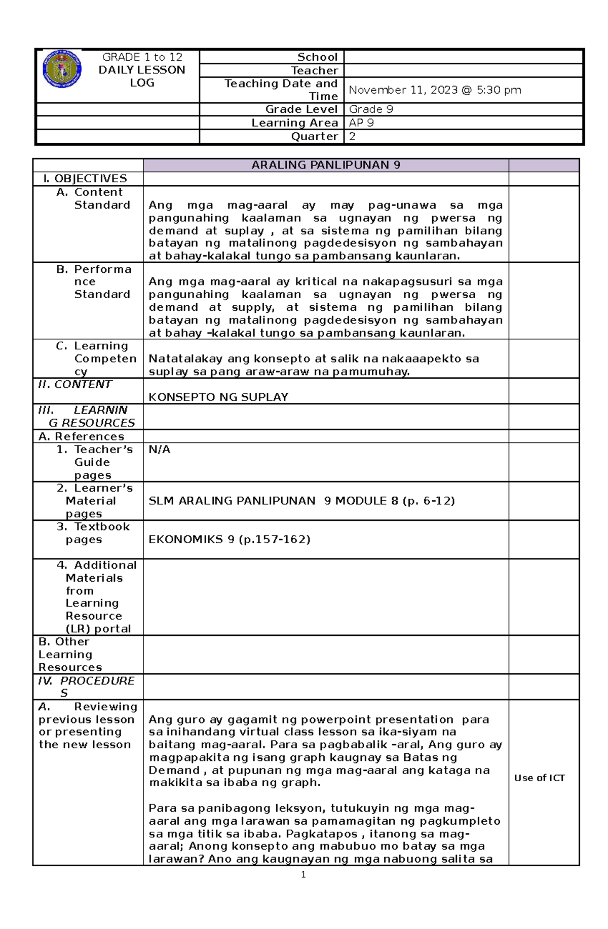 Lesson PLAN - Konsepto NG Suplay - Copy - GRADE 1 to 12 DAILY LESSON ...