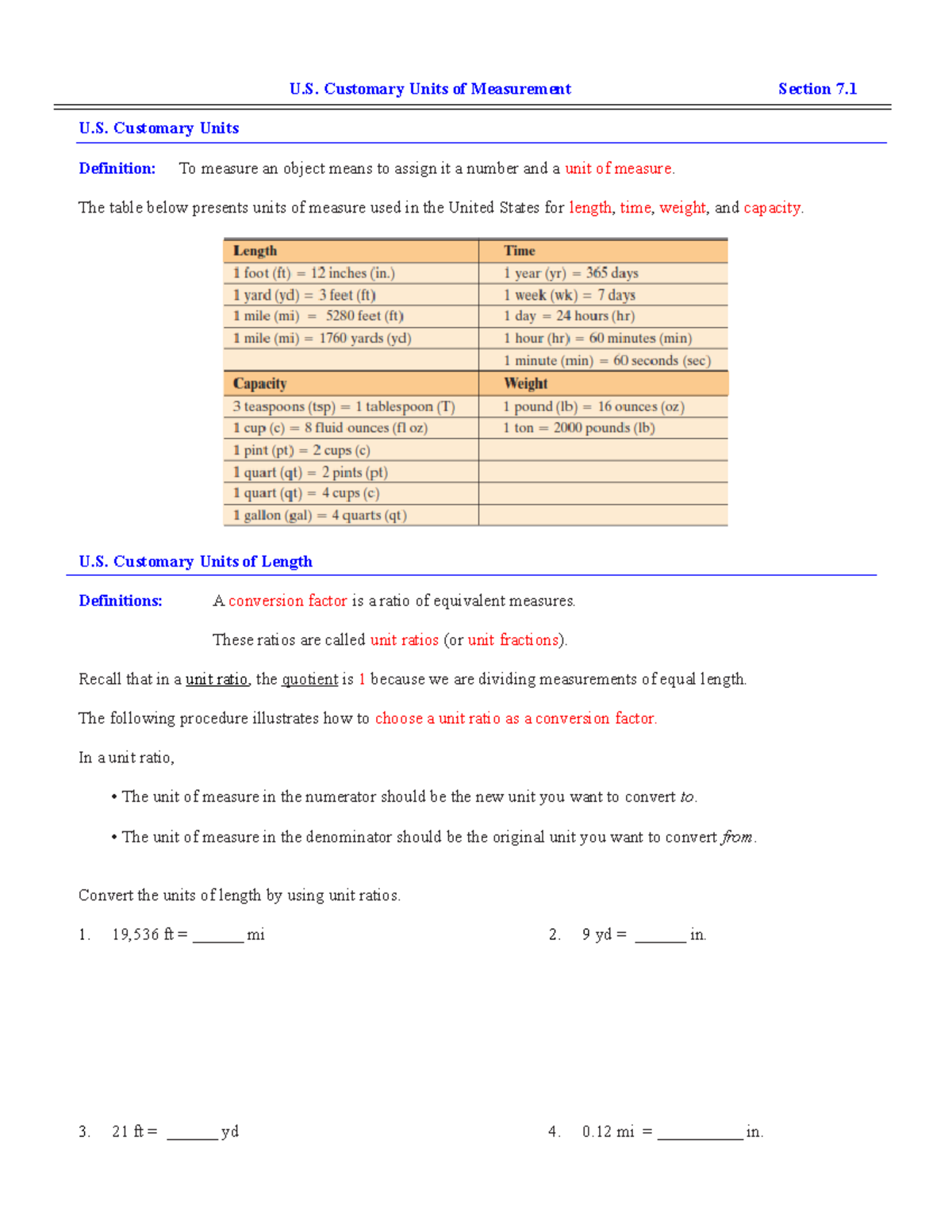 PIA Lecture Notes 7 - U. Customary Units of Measurement Section 7 U ...