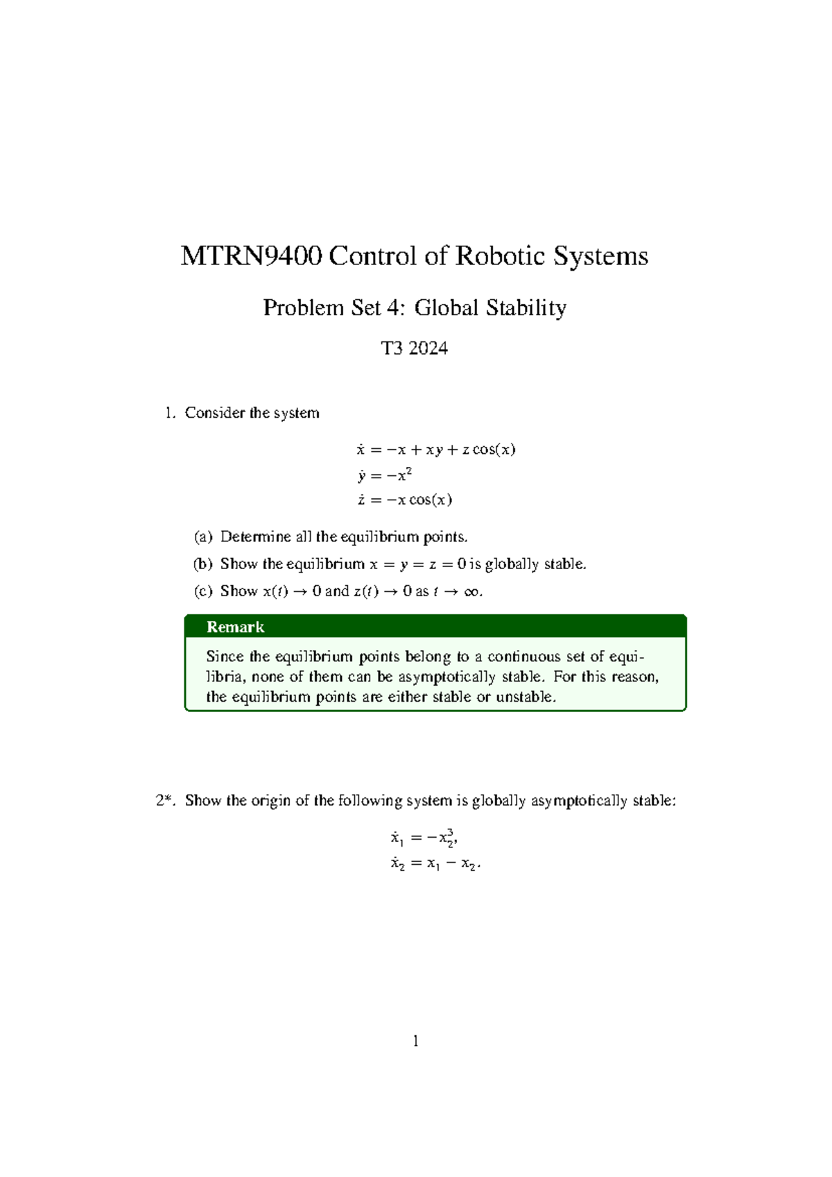 MTRN9400 2024 Problem set 4 - MTRN9400 Control of Robotic Systems Problem Set 4: Global ...