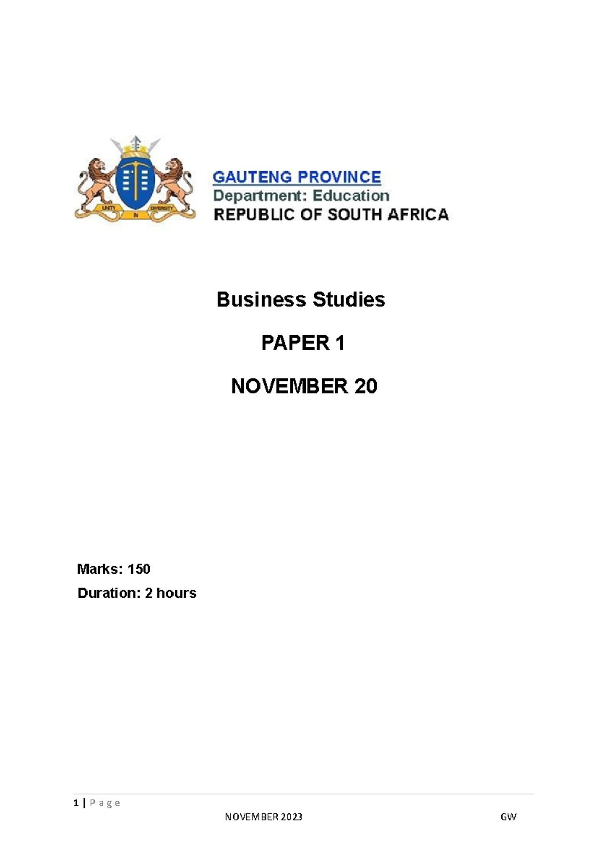 Grade 11 exam - notes - Business Studies PAPER 1 NOVEMBER 20 Marks: 150 ...