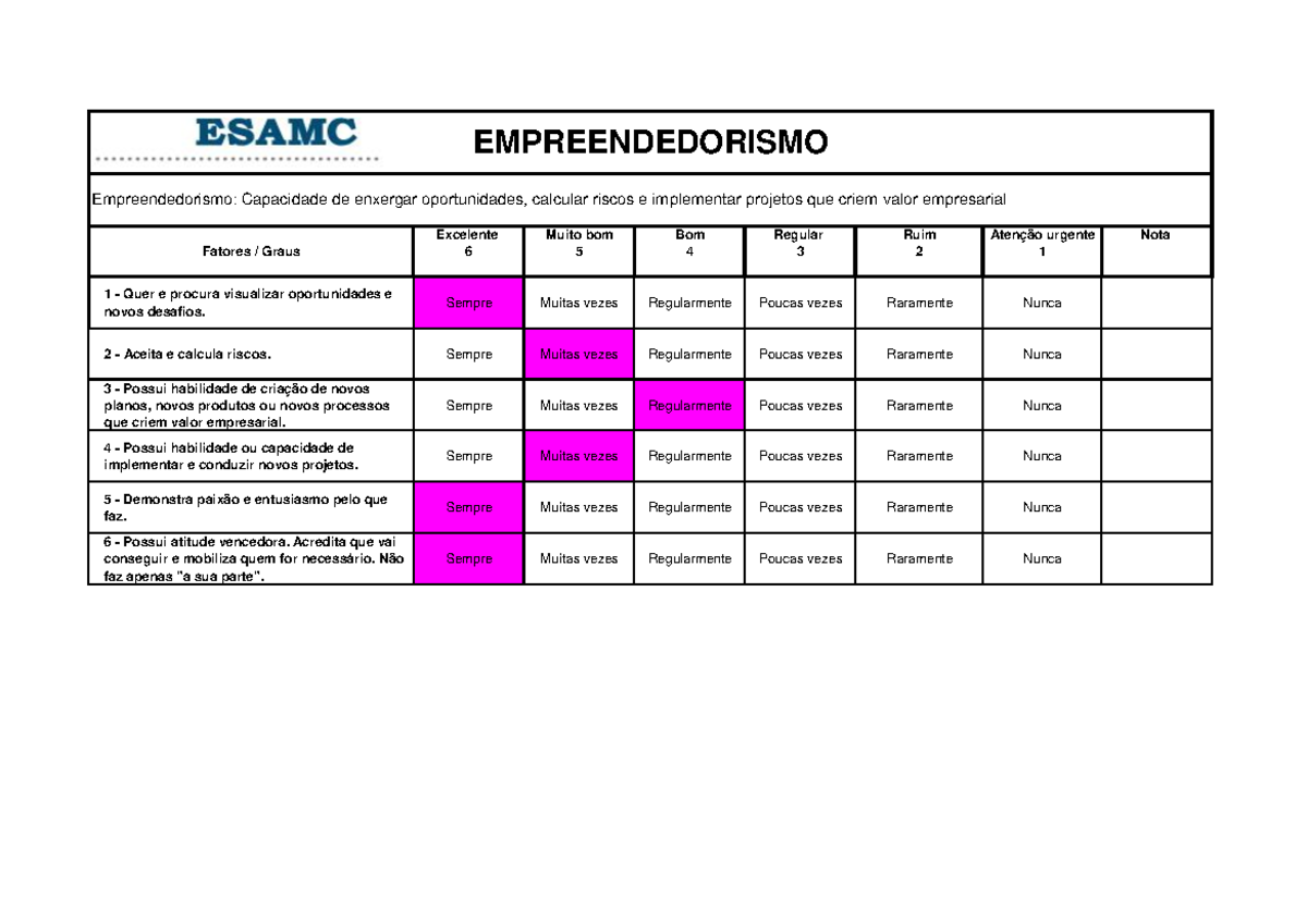 Fichas de Avaliação - Excelente Muito bom Bom Regular Ruim Atenção ...