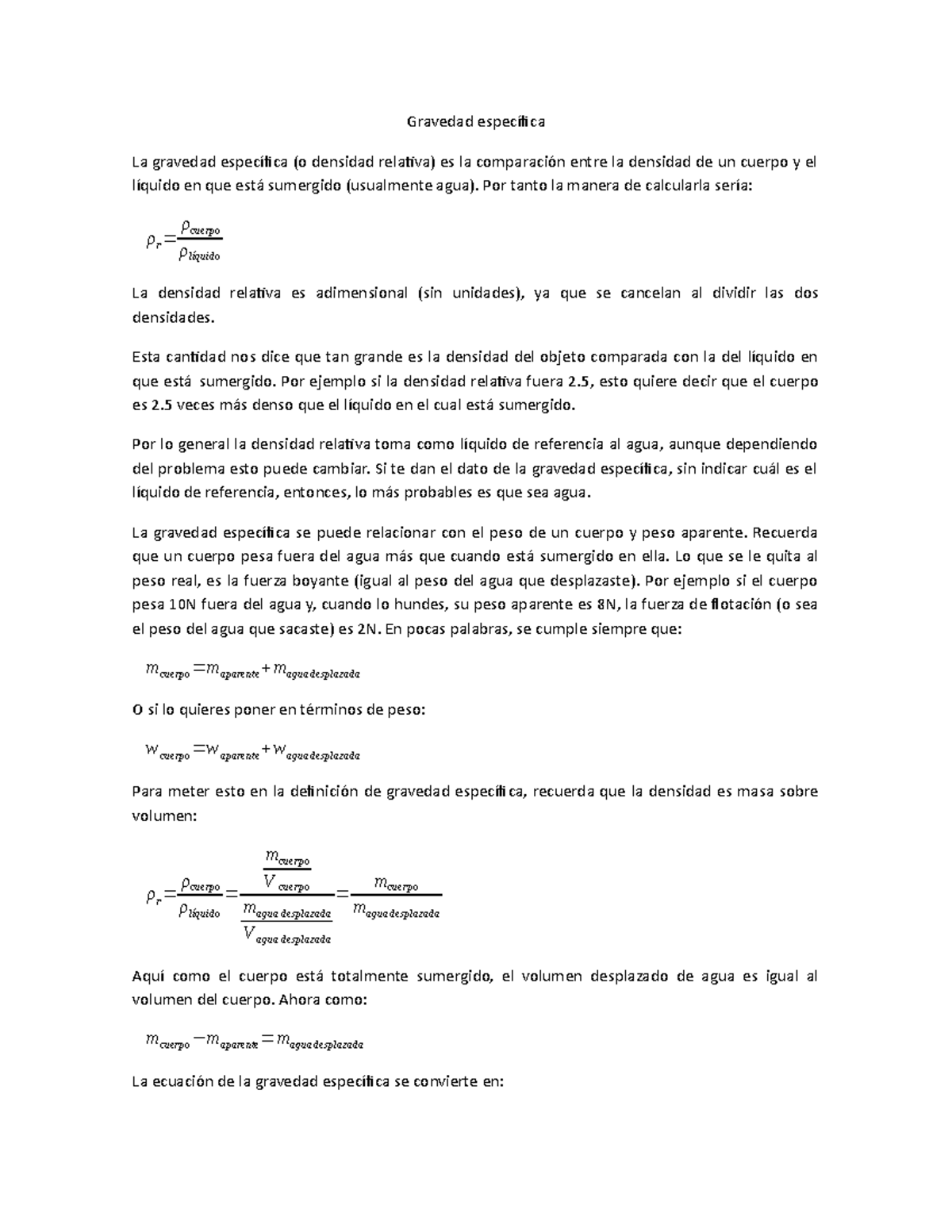 Gravedad especifica - Gravedad específica La gravedad específica (o ...