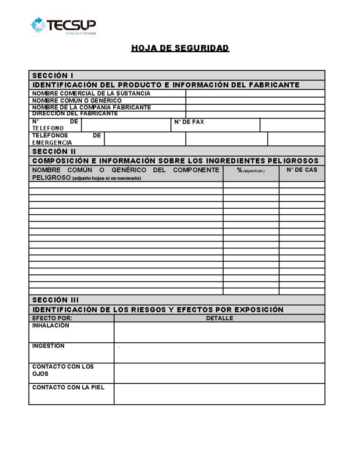 Hojas de seguridad modelo-1 - HOJA DE SEGURIDAD SECCIÓN I ...