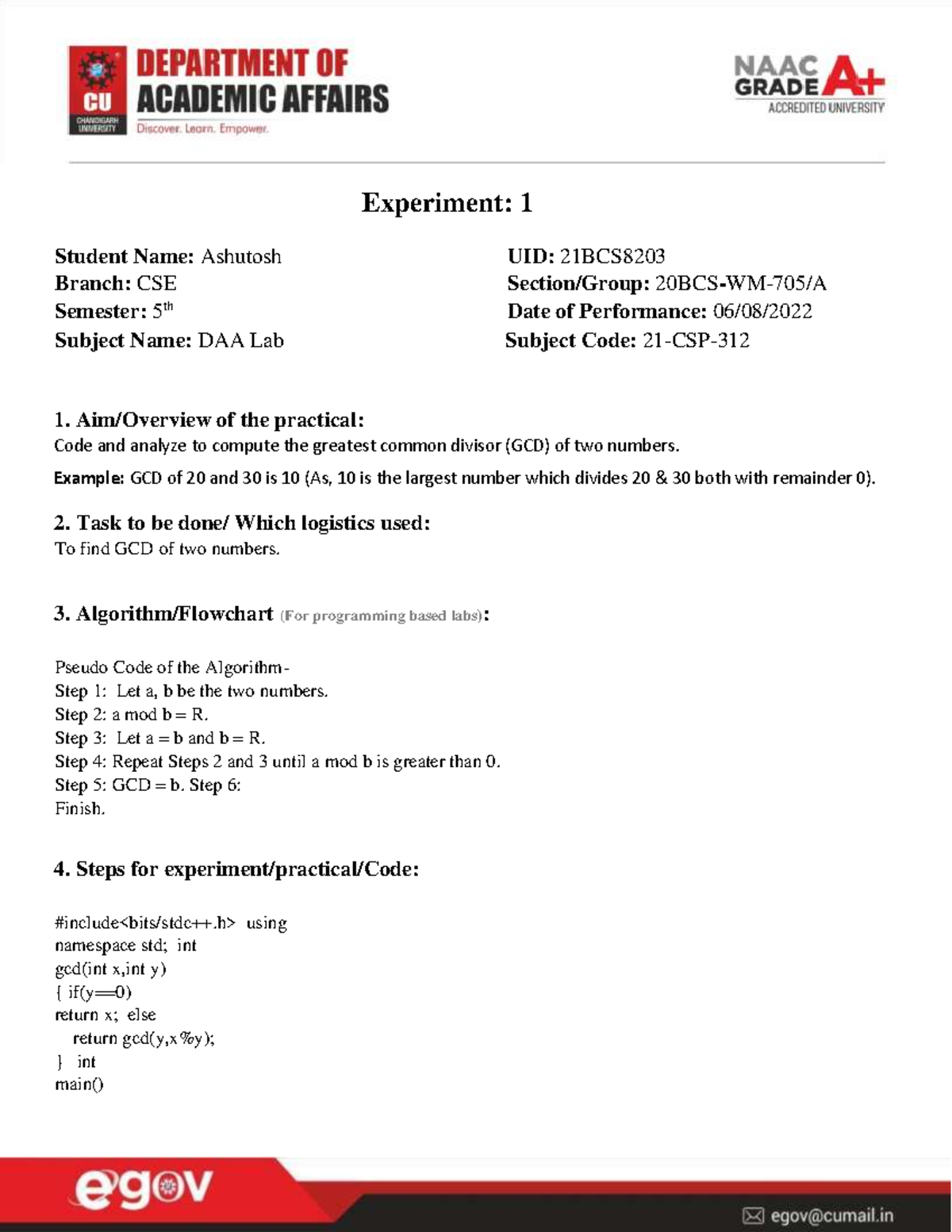 Worksheet 1 - Experiment: 1 Student Name: Ashutosh UID: 21BCS Branch: CSE Section/Group: 20BCS ...