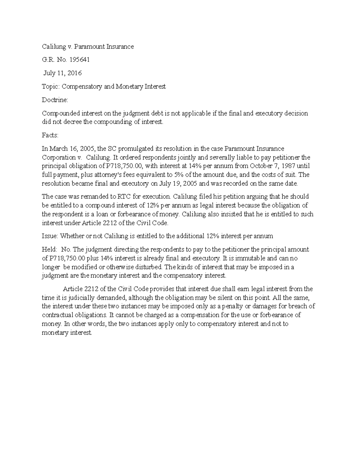 Calilung vs Paramount Insurance - Calilung v. Paramount Insurance G. No ...