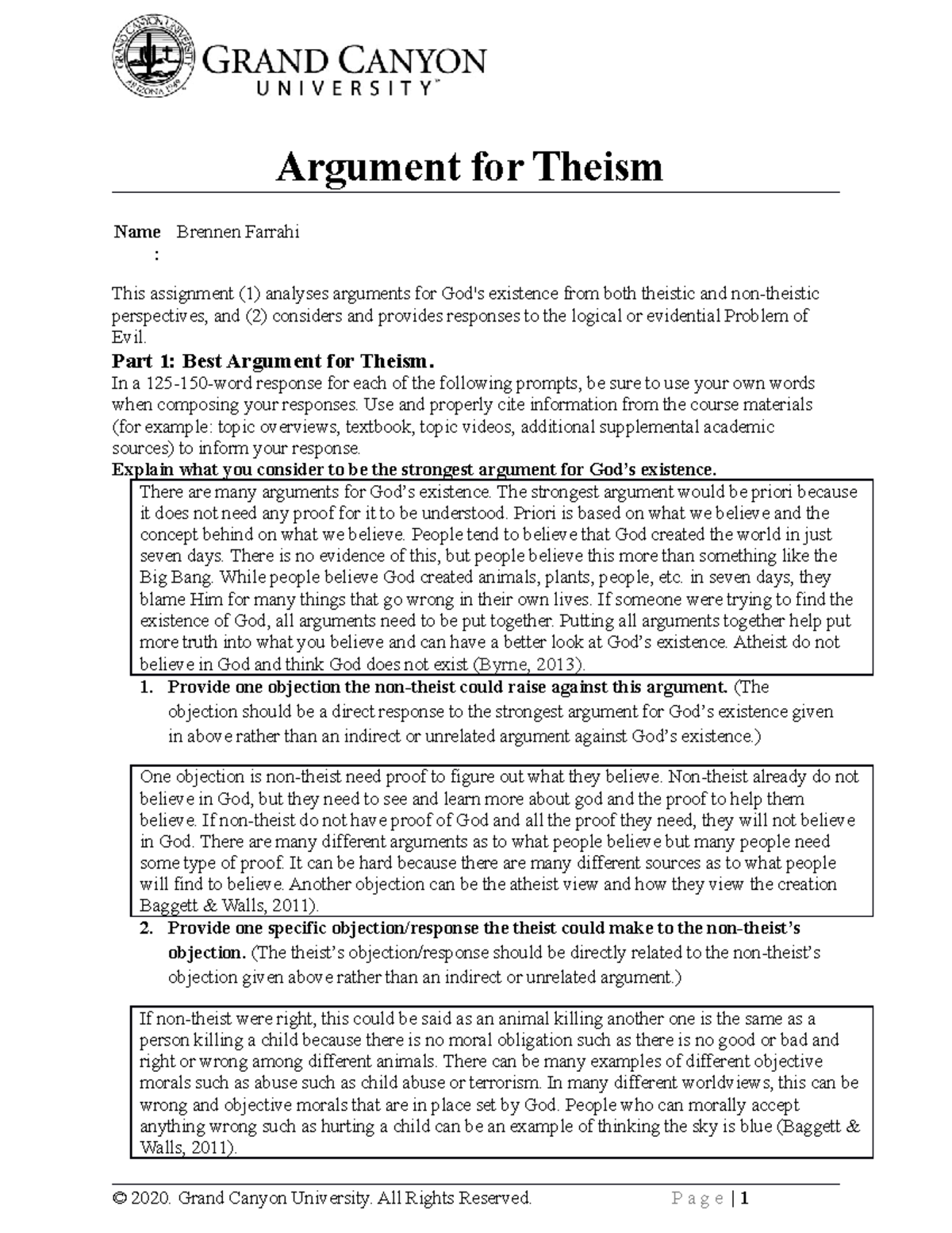 Phi 103 Rs T3 Argument For Theism Problem Of Evil Argument For Theism Name Brennen Farrahi 
