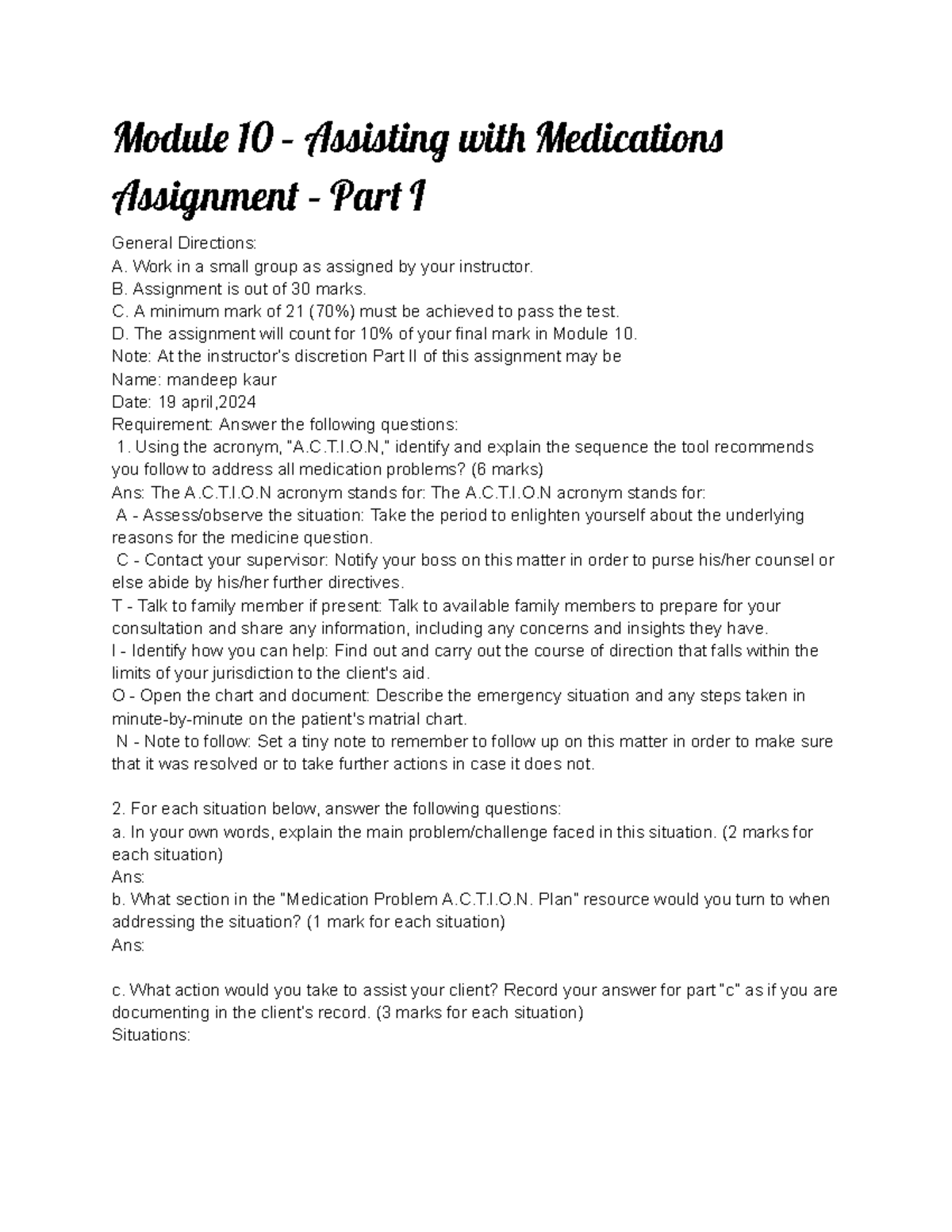 Module 10 – Assisting with Medications Assignment – Part I - Modul 10 ...