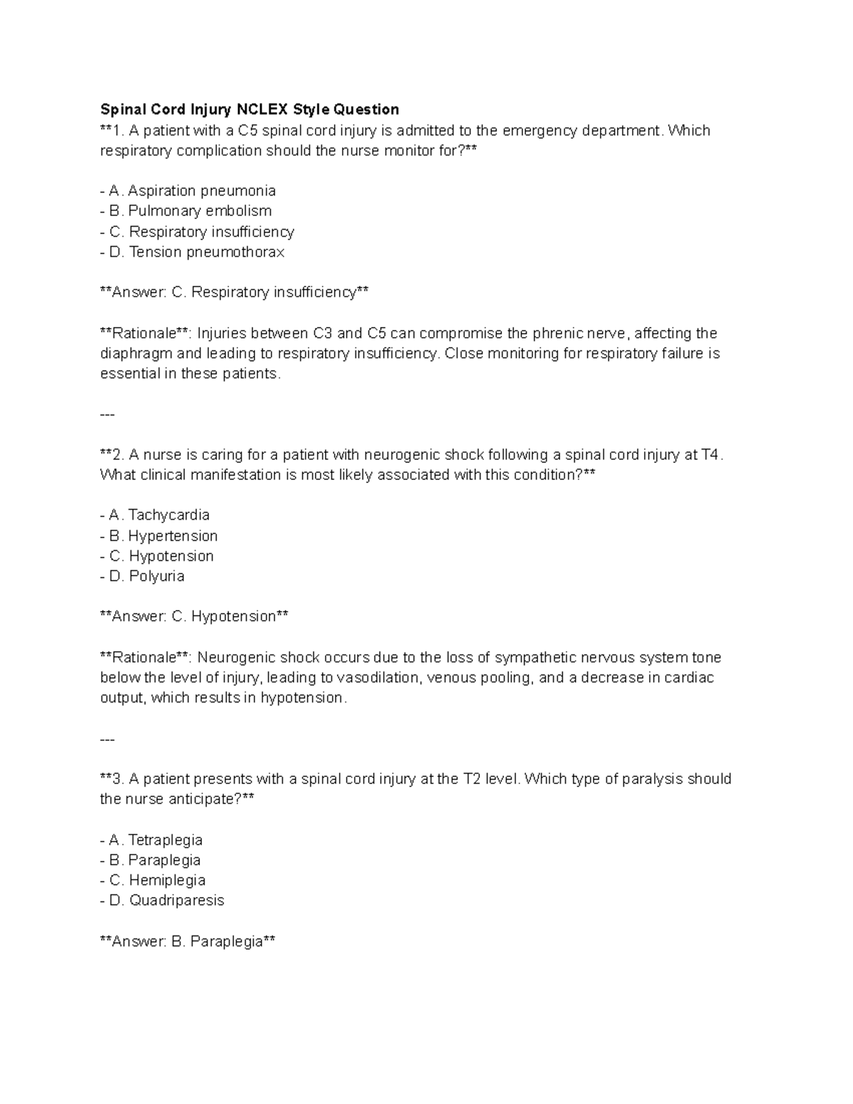 Practice Question - Spinal Cord Injury NCLEX Style Question 1. A ...