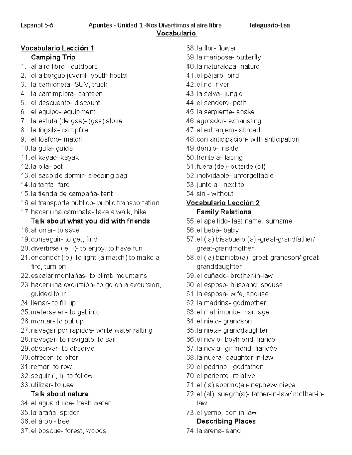 Apuntes Unidad 1for handouts - Vocabulario Vocabulario Lección 1 ...