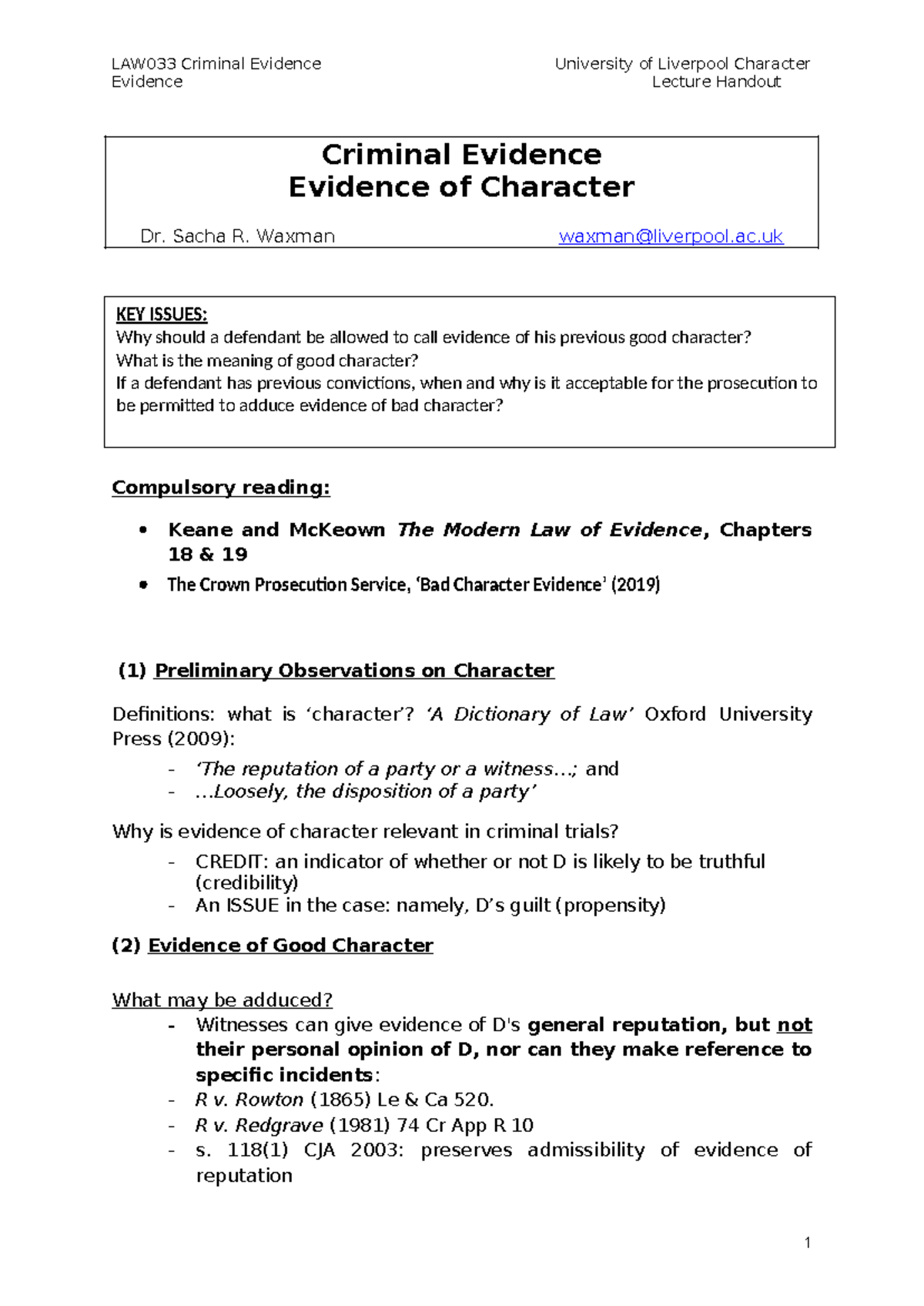 Evidence of Character Lecture Handout - Evidence Lecture Handout ...