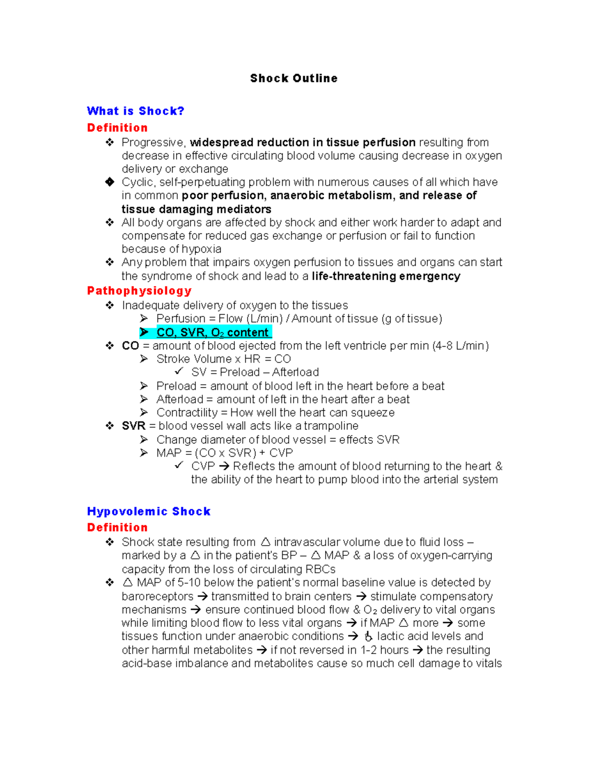 Shock study guide - Shock Outline What is Shock? Definition Progressive ...