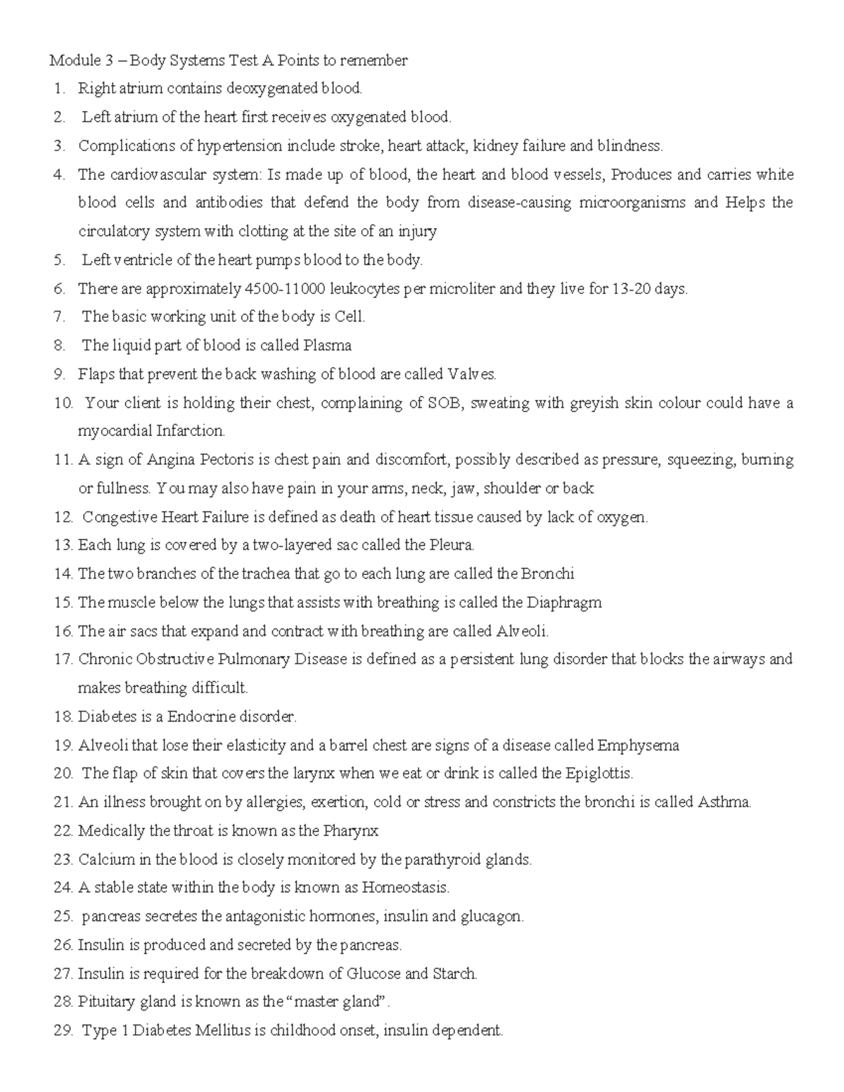 Aarti notes - Module 3 – Body Systems Test A Points to remember 1 ...