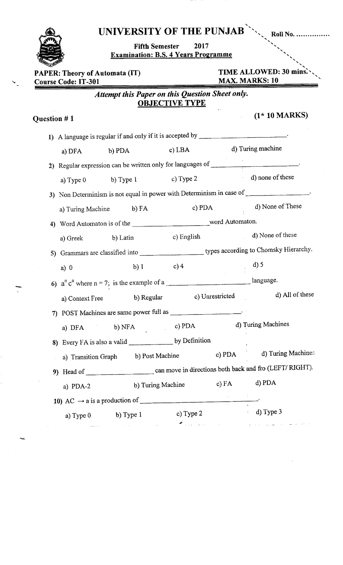TOA 2017 pp - past paper - Automata Theory - Punjab University - Studocu