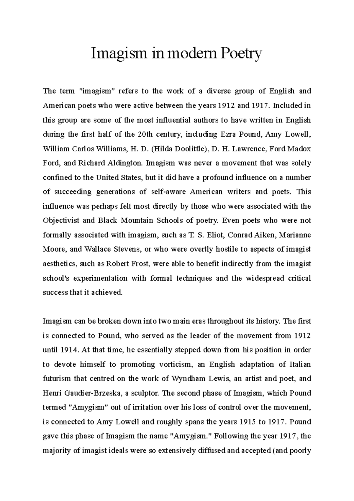 Imagism in modern Poetry - Included in this group are some of the most ...