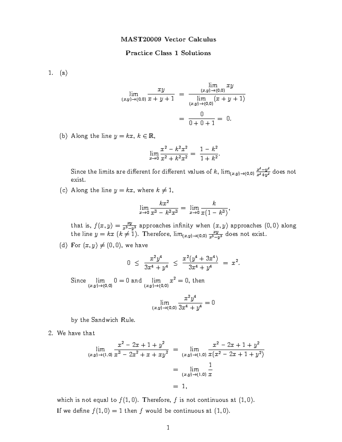 MAST2000 9-tutorial-week-02 Solns - MAST20009 Vector Calculus Practice ...