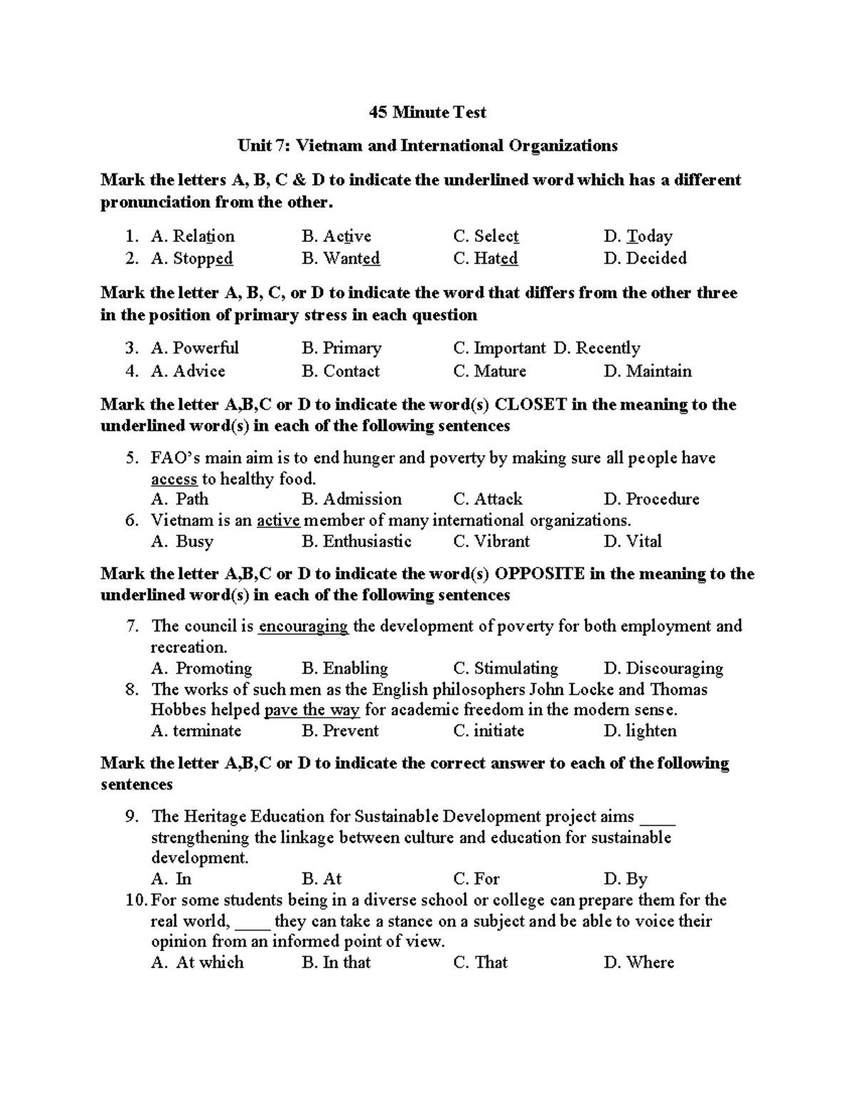 45 Minute Test unit 7 global 10 - 45 Minute Test Unit 7: Vietnam and ...