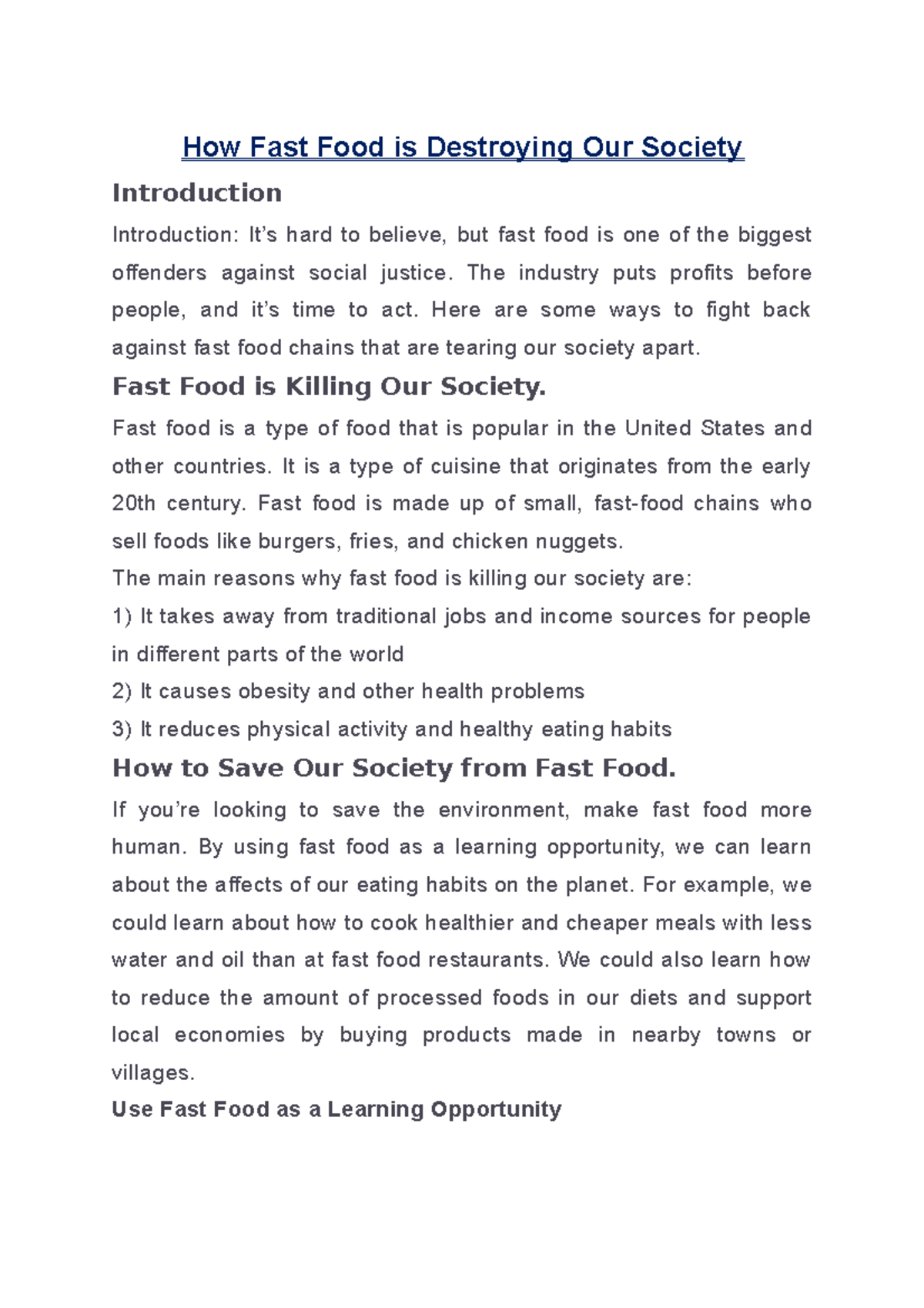 How Fast Food is Destroying Our Society - How Fast Food is Destroying ...