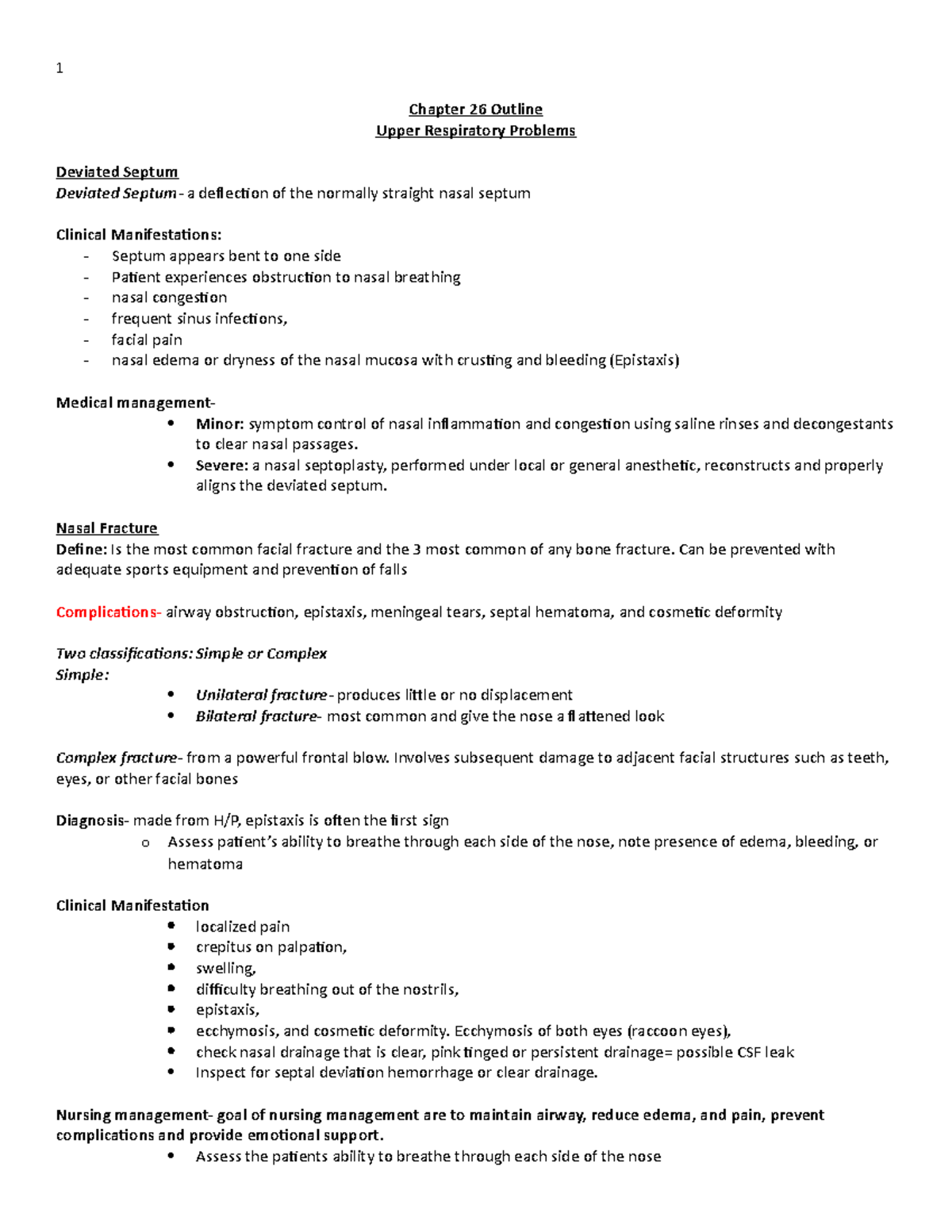 Chapter 27 Outline - Study Guide - Chapter 26 Outline Upper Respiratory ...