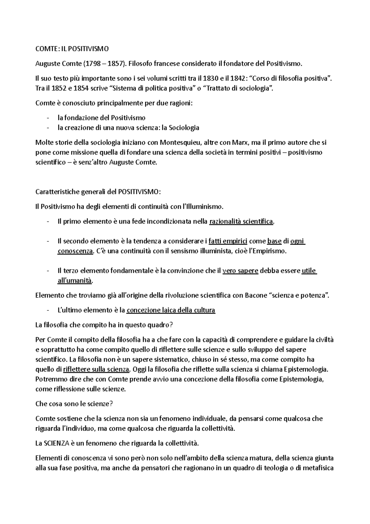 Appunti su Comte - Storia della filosofia contemporanea - COMTE: IL ...