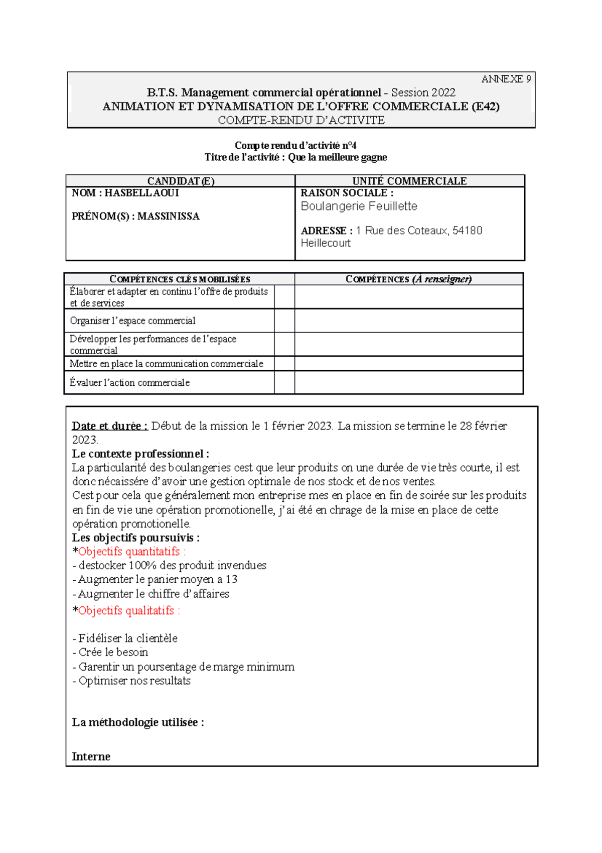 Fiche mission 1 e42 - lecture - ANNEXE 9 B.T. Management commercial ...