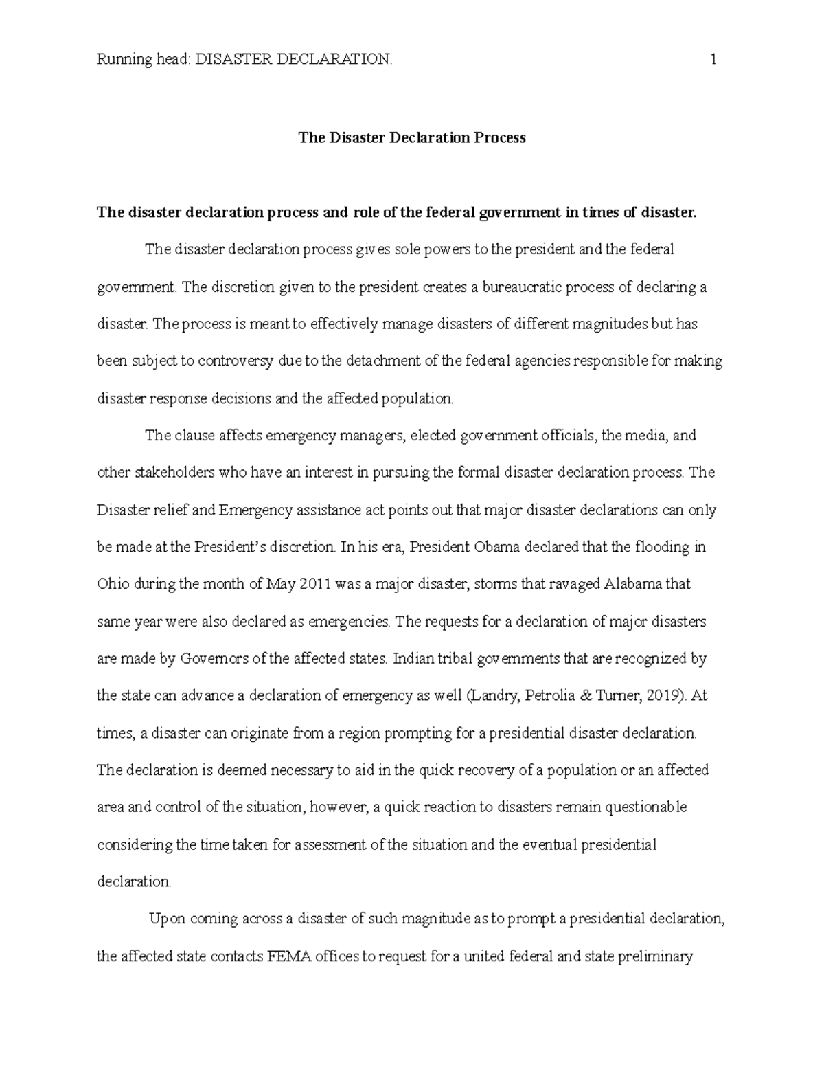 The Disaster Declaration Process - Running head: DISASTER DECLARATION ...