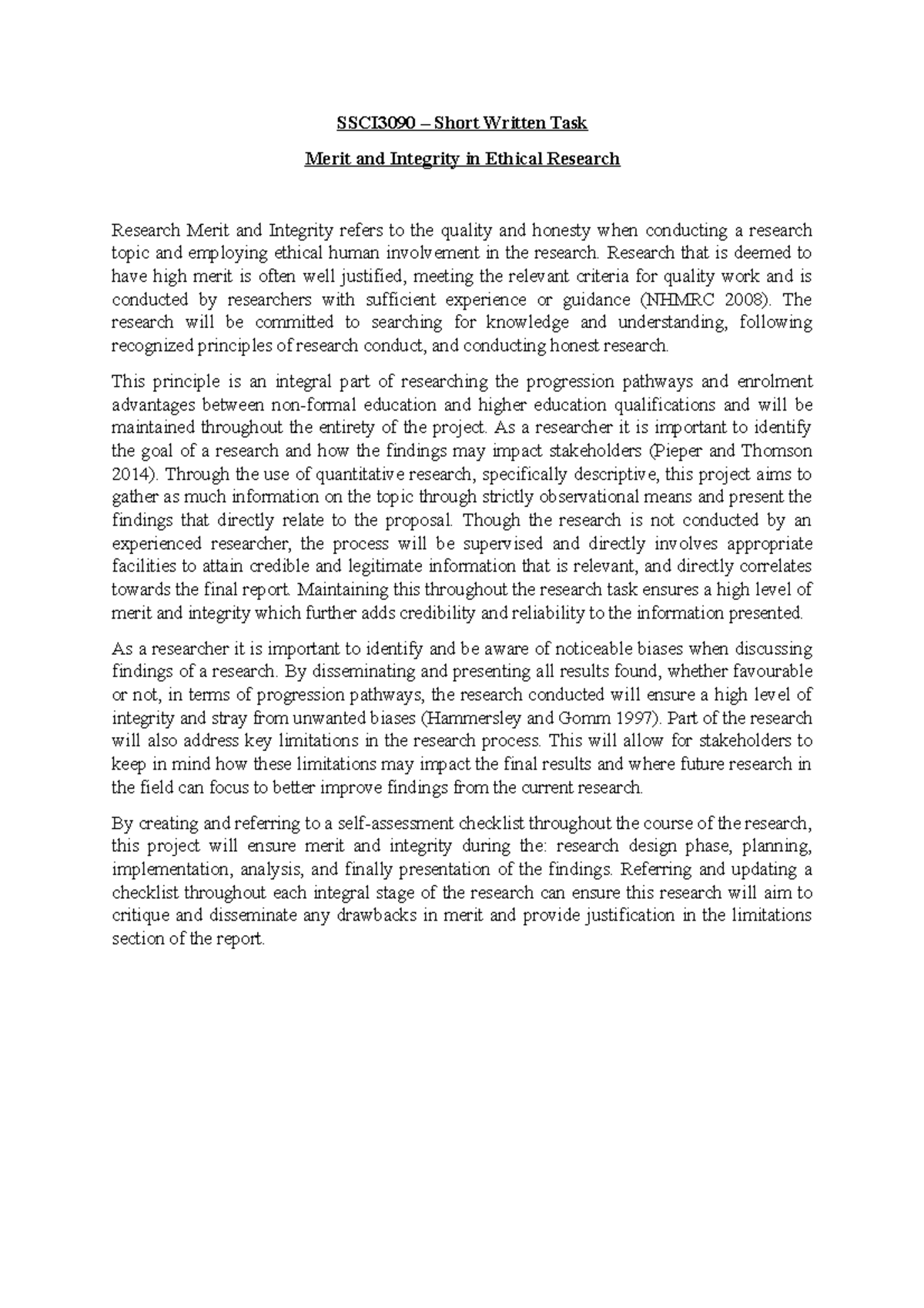 Short Written TASK - SSCI3090 - SSCI3090 – Short Written Task Merit and ...