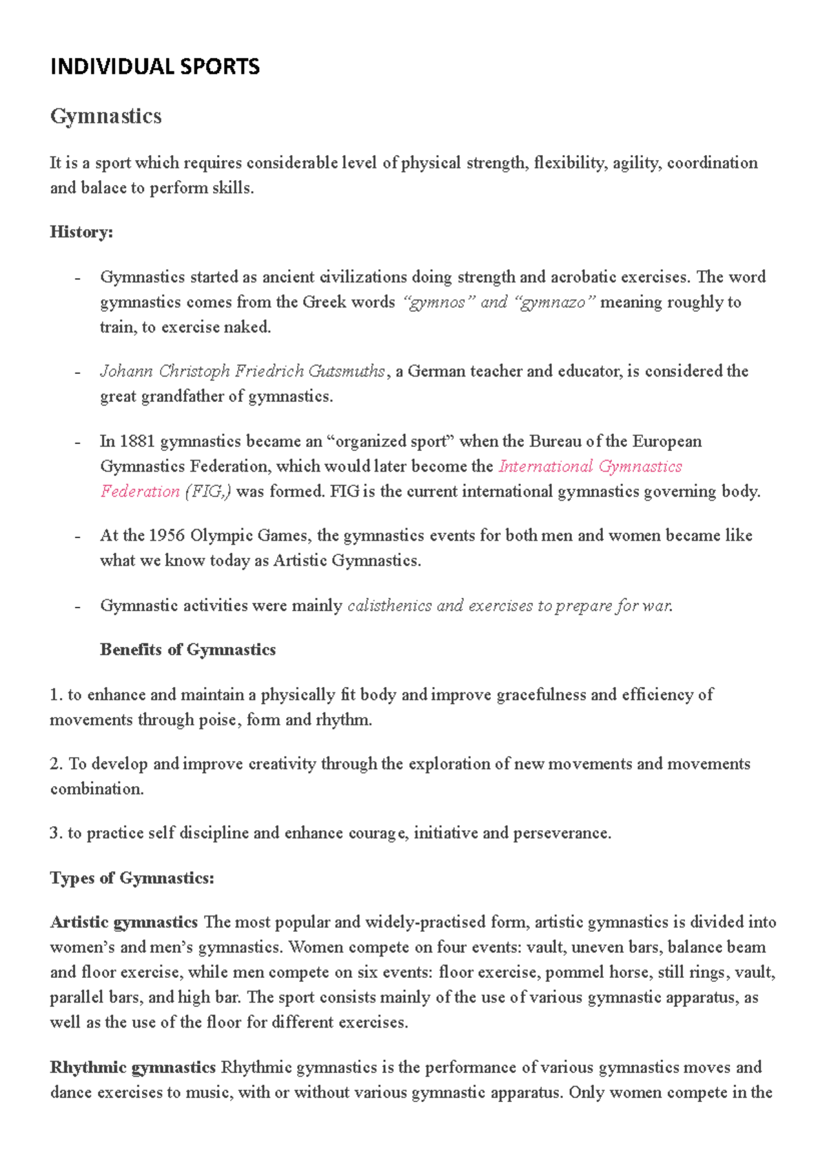 Individual Sports handouts - INDIVIDUAL SPORTS Gymnastics It is a sport ...