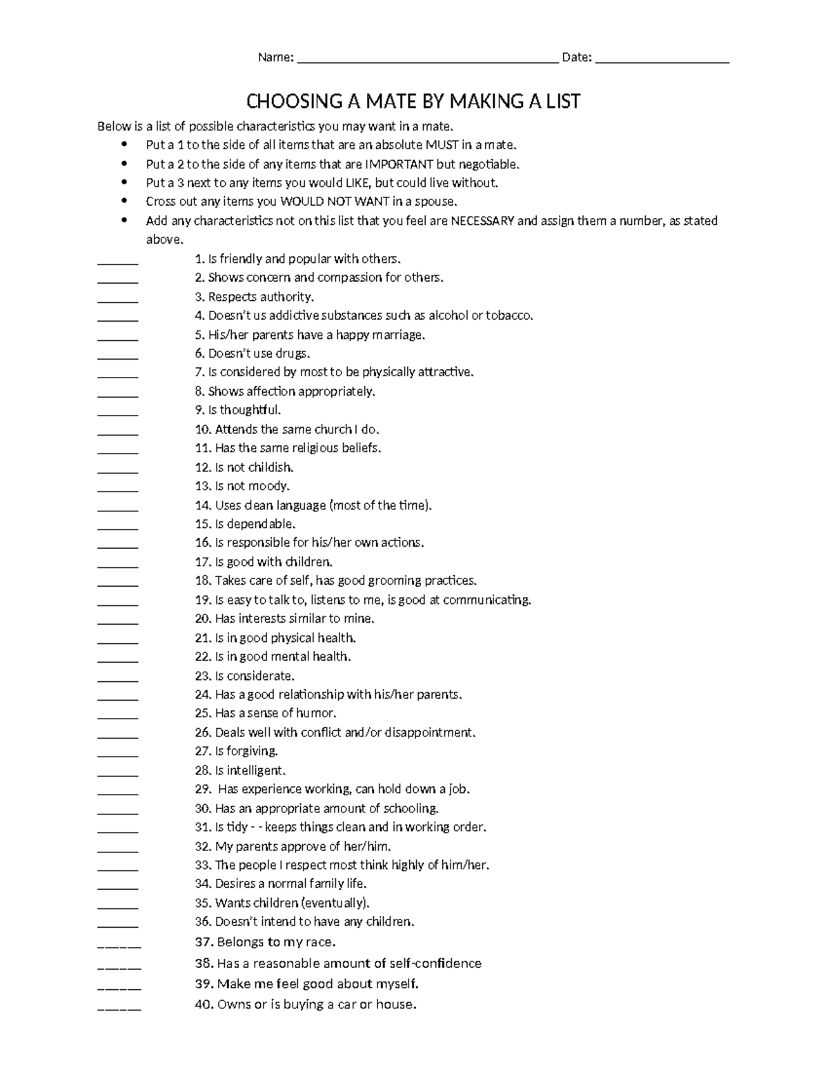 Choosing a mate by making a list - Name ...