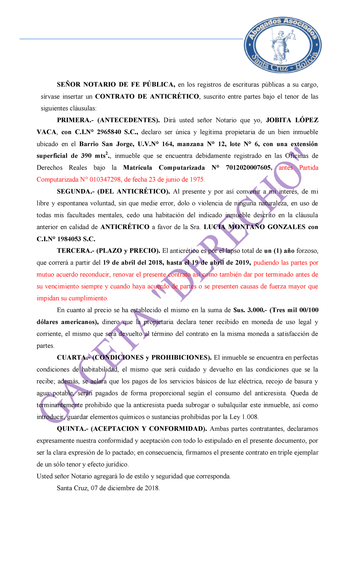 Anticretico. Version 0.V - SEÑOR NOTARIO DE FE PÚBLICA, en los ...