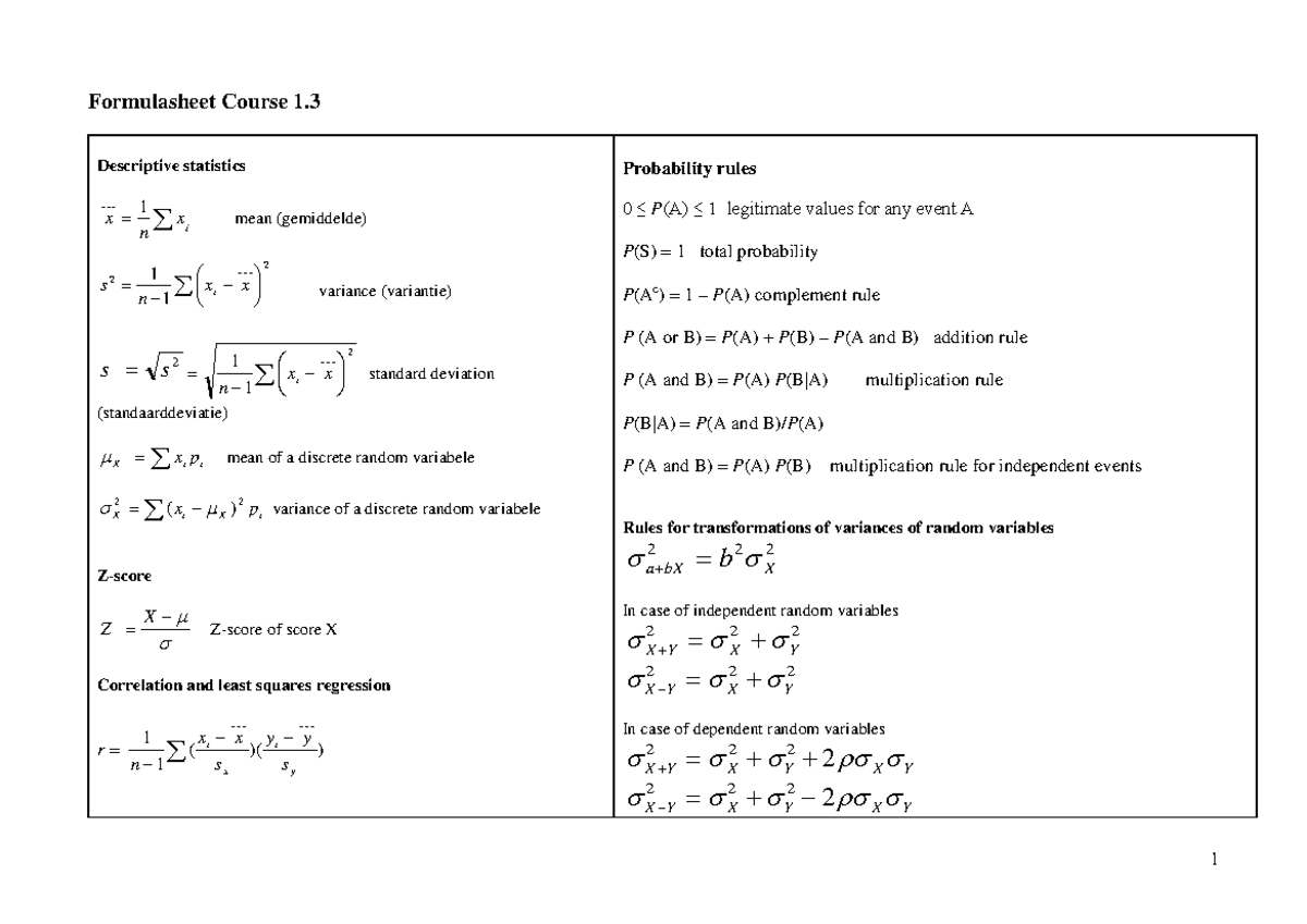 Formulasheet 2019-2020 DEF - 1 Formulasheet Course 1. Descriptive ...