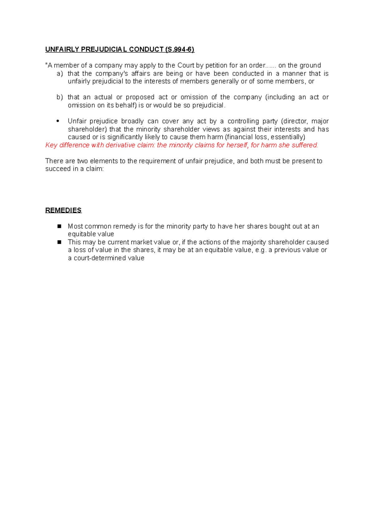 Chapter 9 - LECTURE NOTES ON UNFAIRLY PREJUDICIAL CONDUCT (S.994-6) AND ...