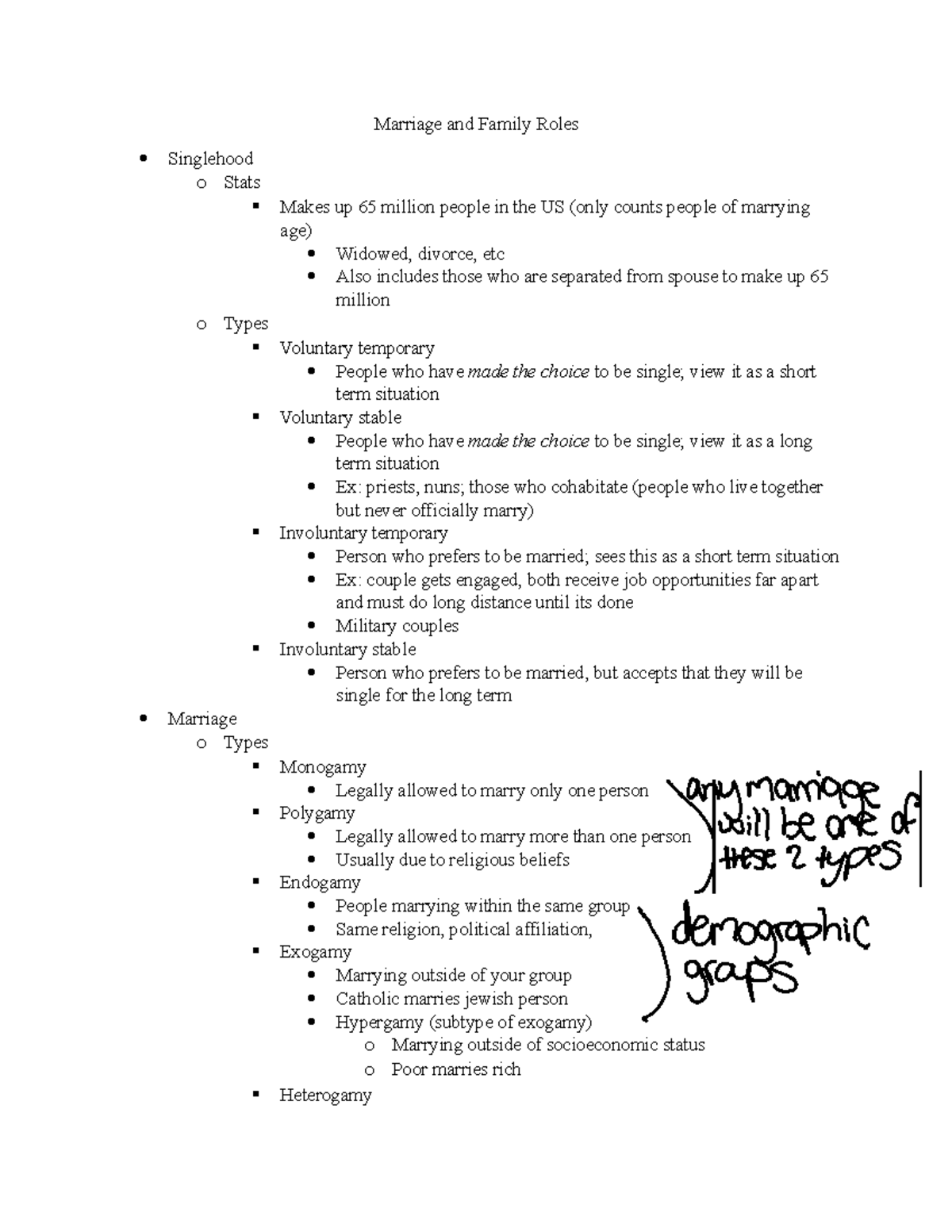 Soc notes - Marriage and Family Roles Singlehood o Stats Makes up 65 ...