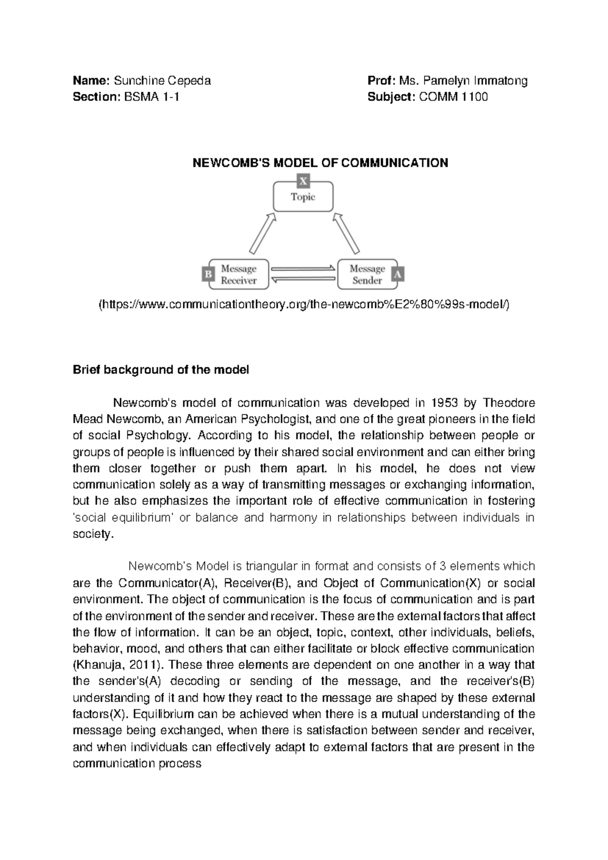 Newcomb'S Model OF Communication - Name: Sunchine Cepeda Prof: Ms ...