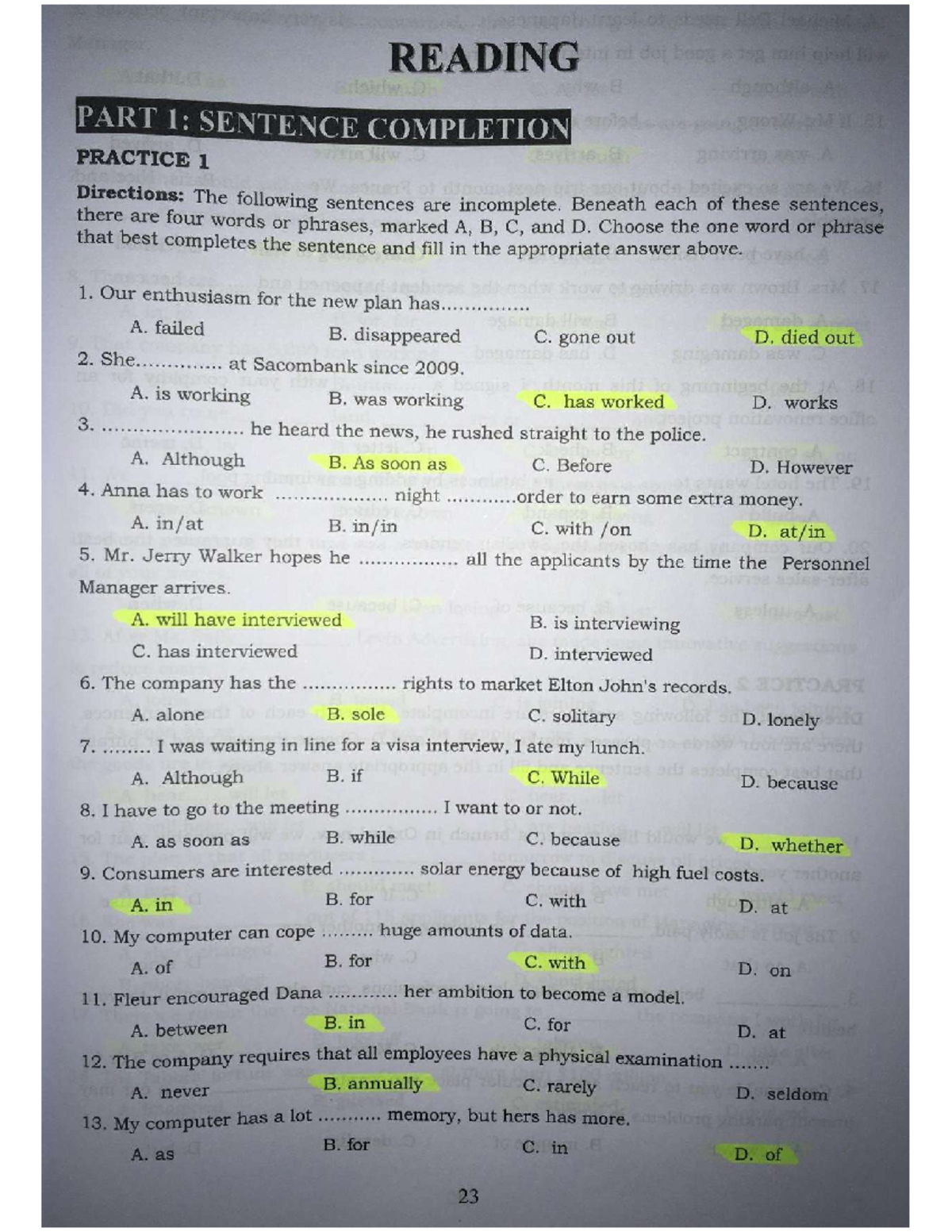 10. Reading part 1 ( 10 practice) - READING PART 1: SENTENCE COMPLETION ...