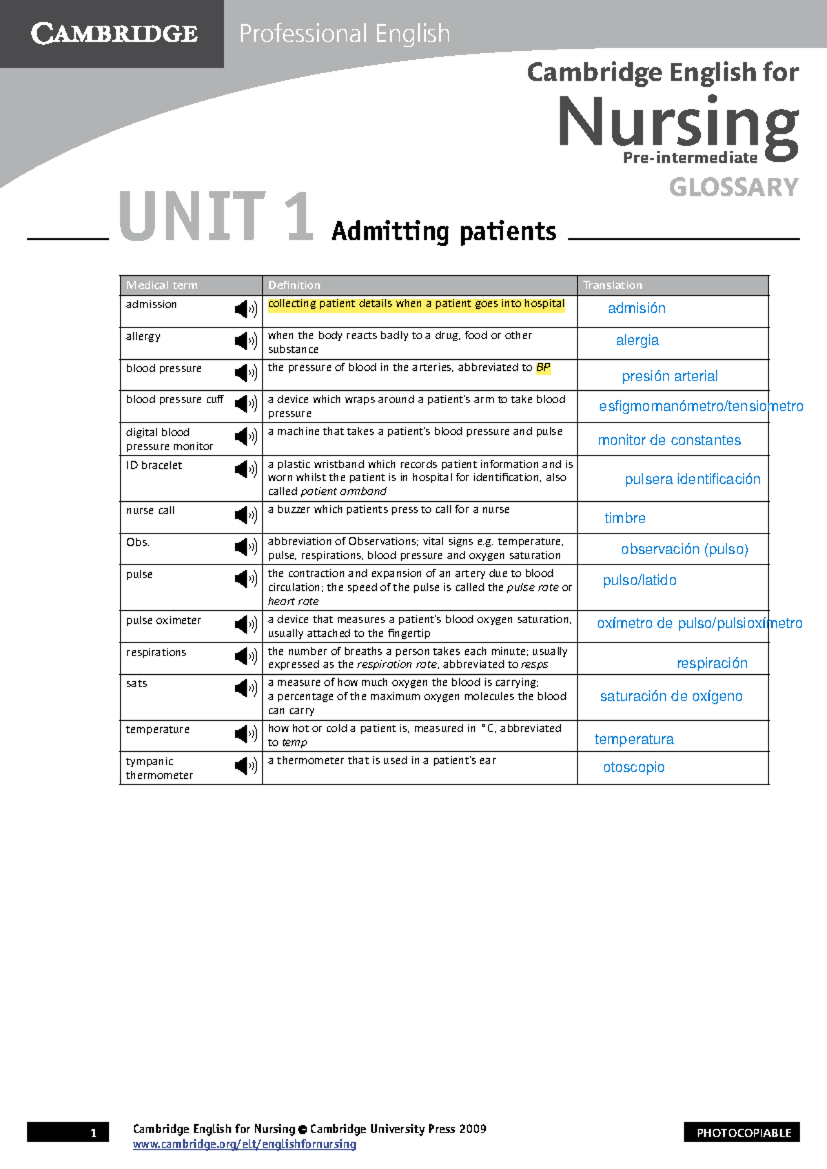 Cambridge english for nursing glossary pre intermediate unit1 - 1 ...