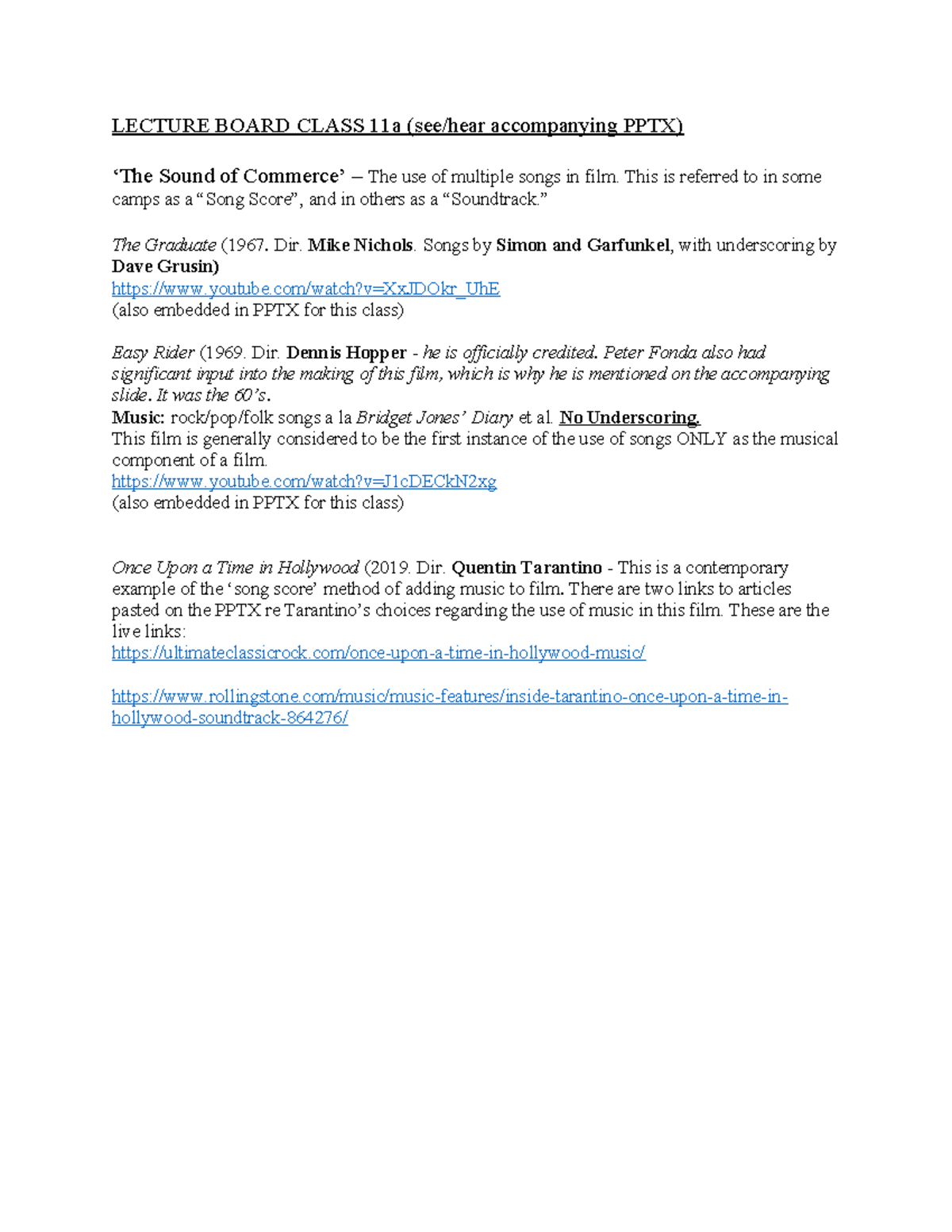 CRTA 180 Lecture Board 11a - LECTURE BOARD CLASS 11a (see/hear accompanying PPTX) ‘The Sound of ...