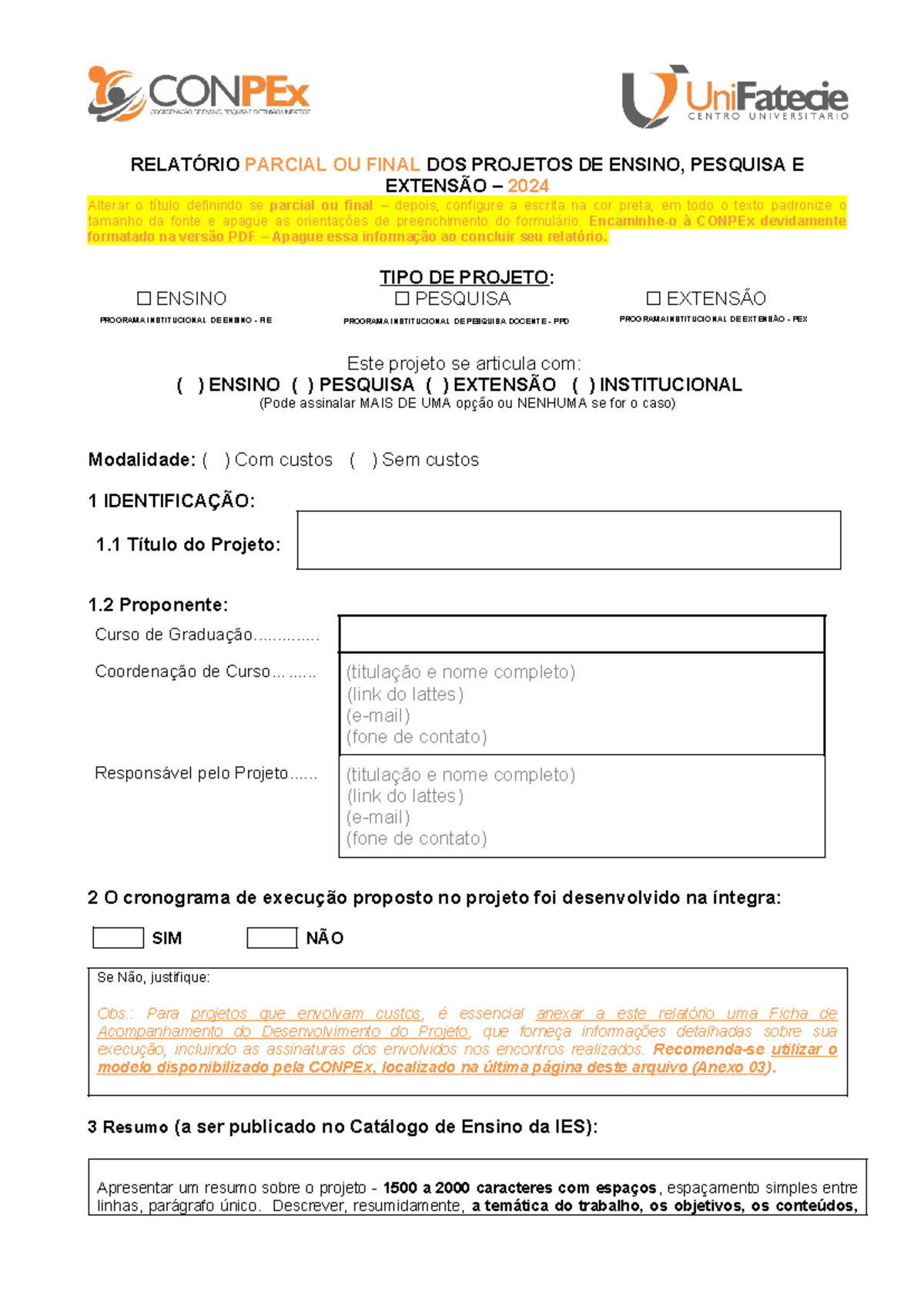 Modelo Unificado DE Relatorio Parcial E Final 2024 - RELATÓRIO PARCIAL ...