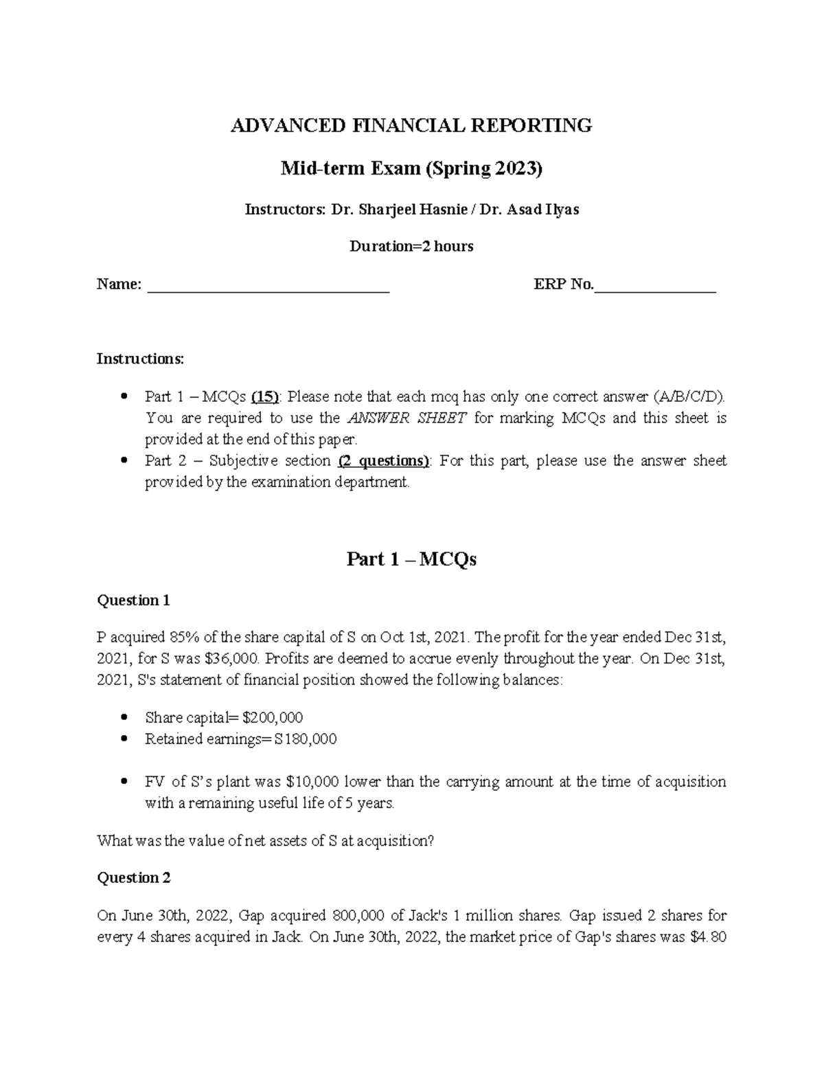 AFR Mid Term - No i will not - ADVANCED FINANCIAL REPORTING Mid-term ...