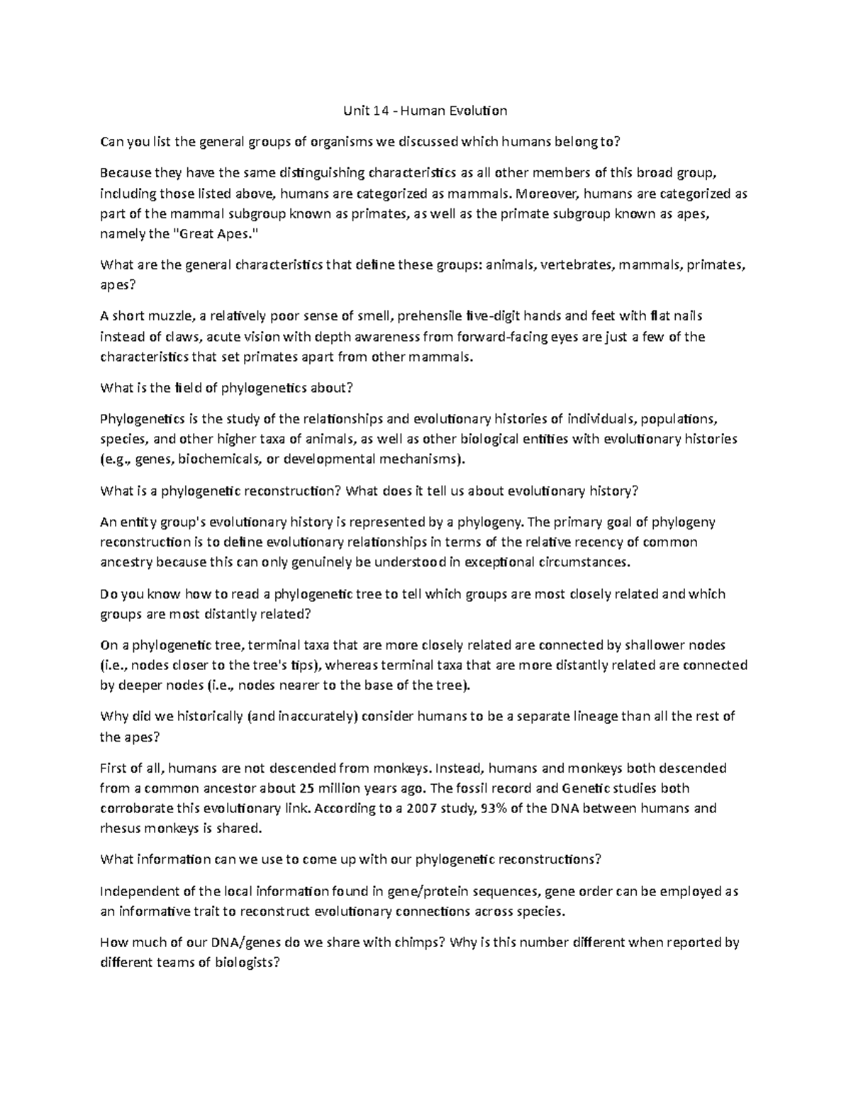 Bio 130 Study Guide Unit 14 Unit 14 Human Evolution Can You List