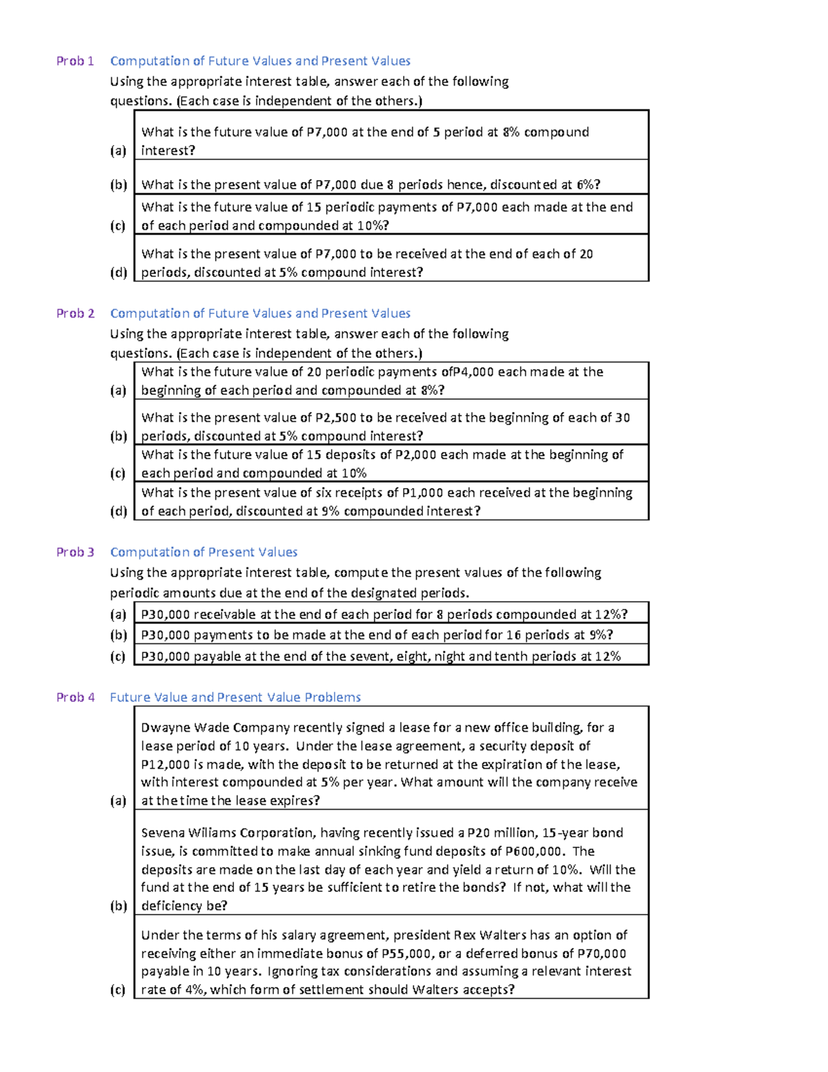 TVM Assignment - Prob 1 Computation of Future Values and Present Values Using the appropriate ...