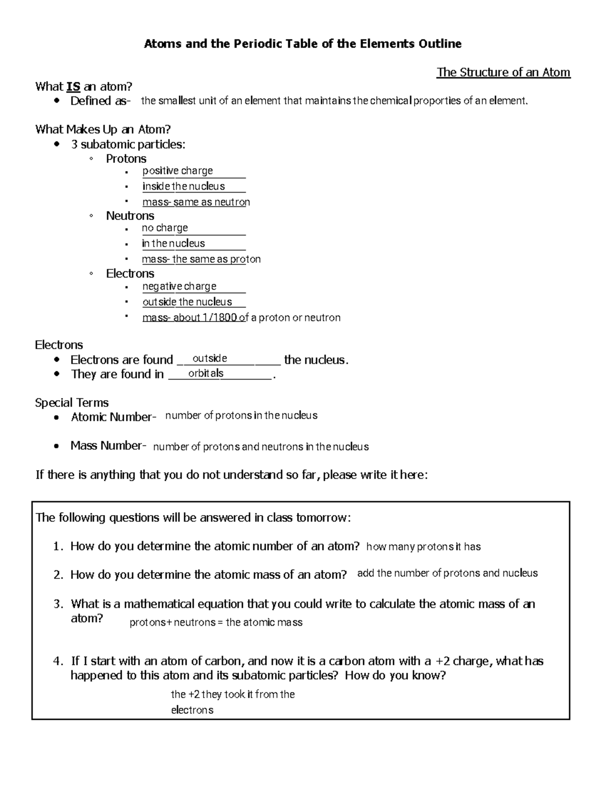Yeimili Perez - PS-Unit 1 Student Outline - Atoms and the Periodic ...