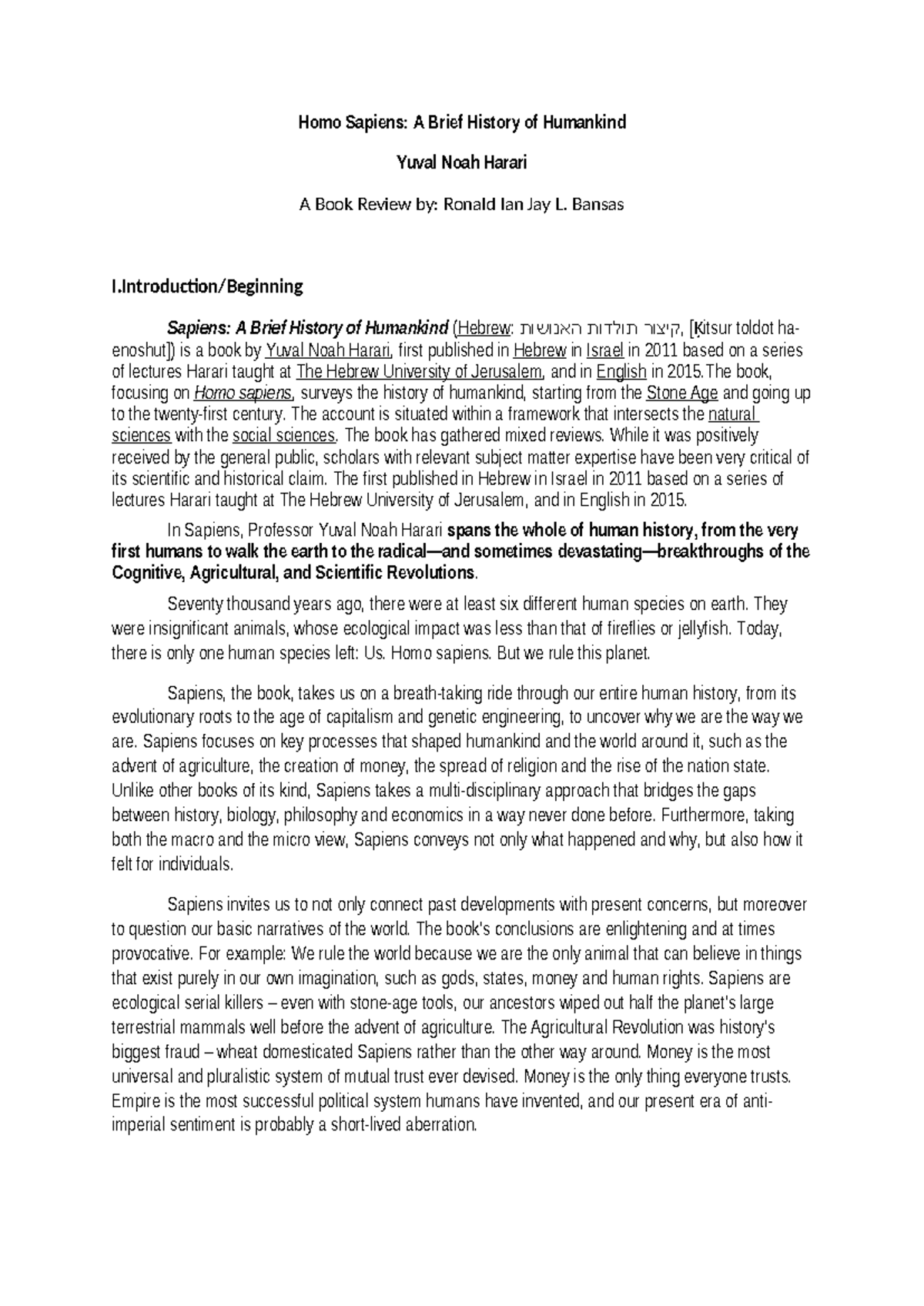 BOOK Review HOMO Sapiens - Homo Sapiens: A Brief History of Humankind ...