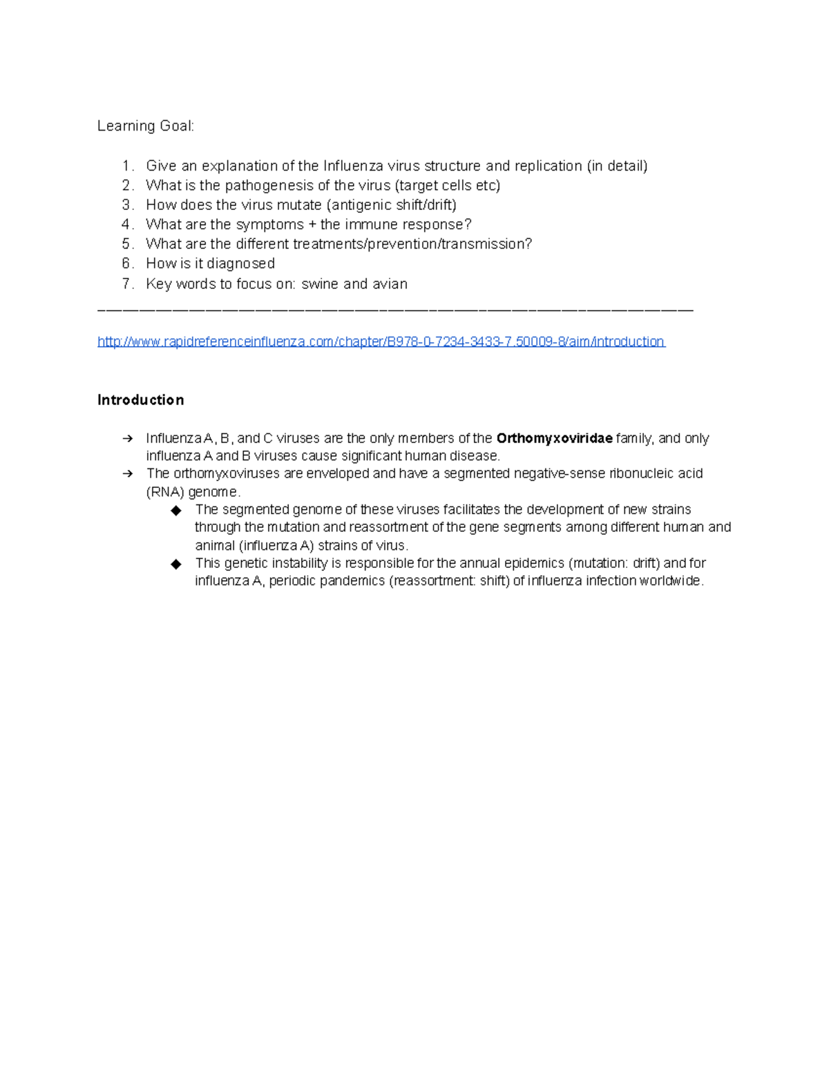 Influenza Virus - Practice sheet - Learning Goal: 1. Give an ...