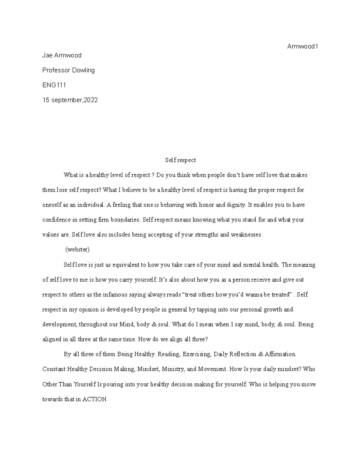 Self respect-2 - This essay is about self respect. In this paper I have ...