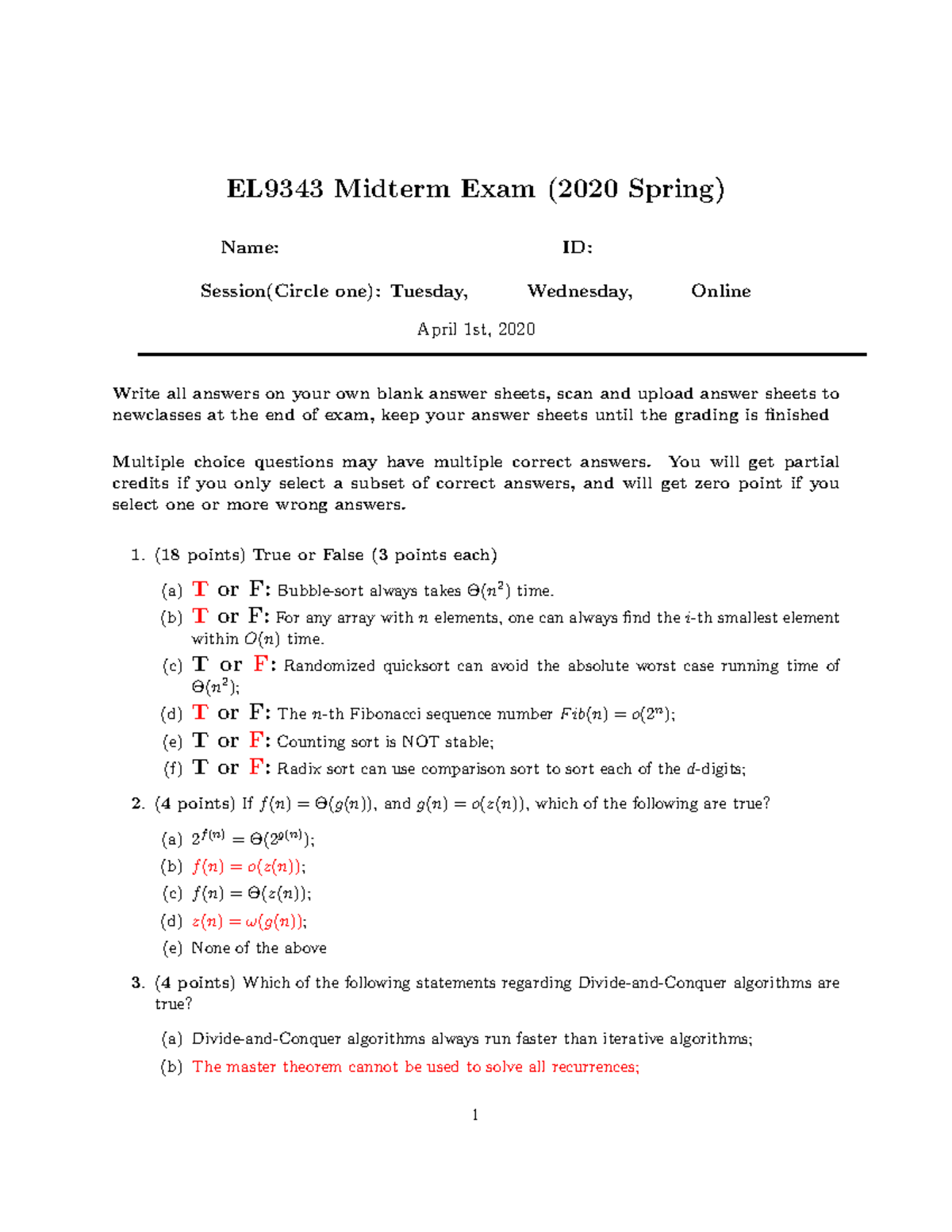 2020Spring final Solutions - EL9343 Midterm Exam (2020 Spring) Name: ID: Session(Circle one ...