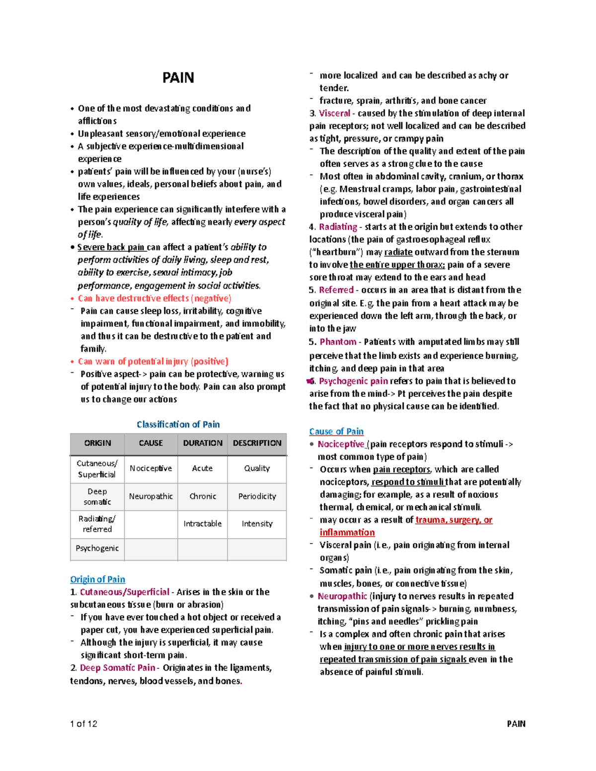 PAIN - Lecture and study guide notes for PAIN from Davis Advantage ...
