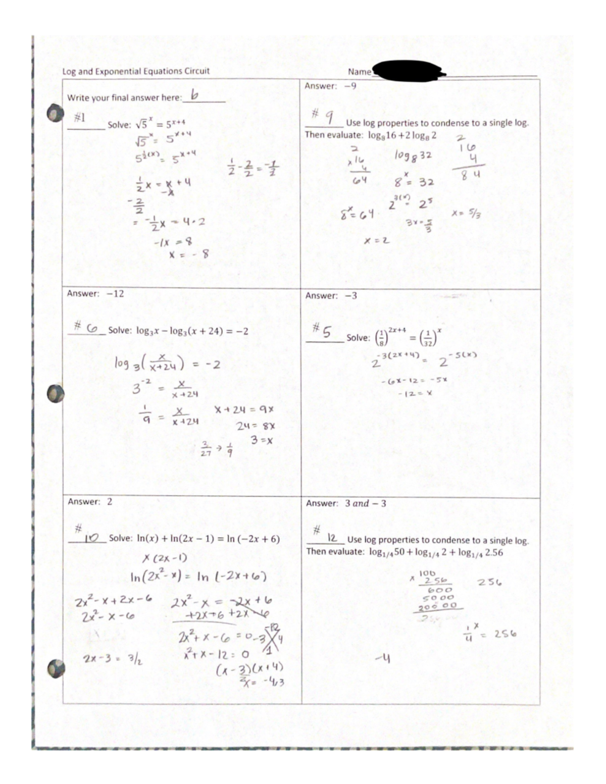 Pre Calculus - Log and Exponential Equations Circuit - MA 1453 - Studocu